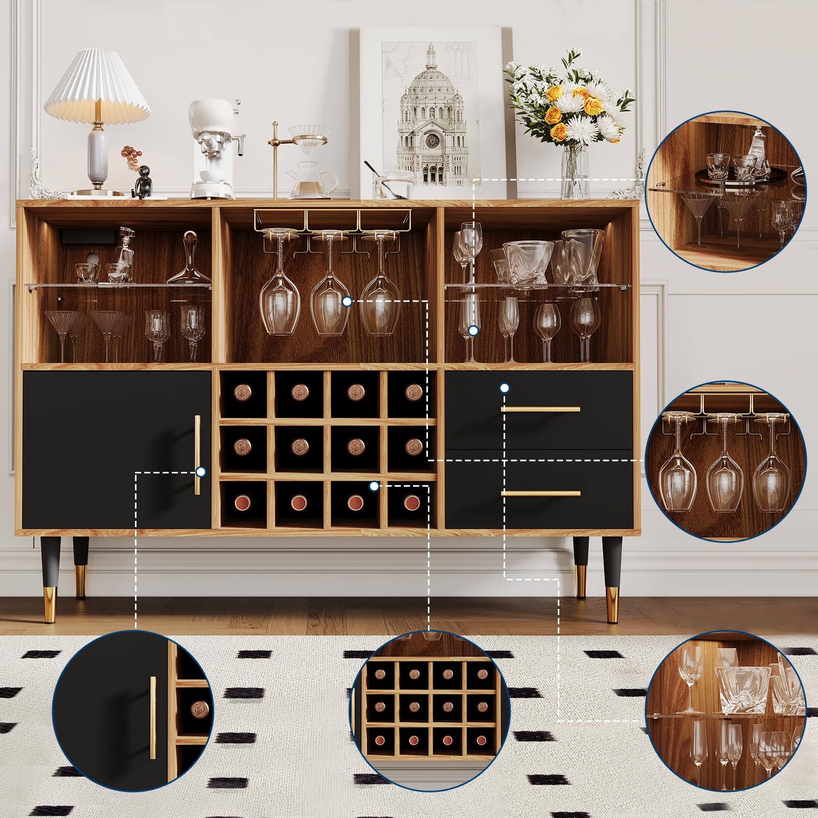 Jojoka 47" Liquor Coffee Bar Cabinet with Lights, Wine Rack, Charging ...