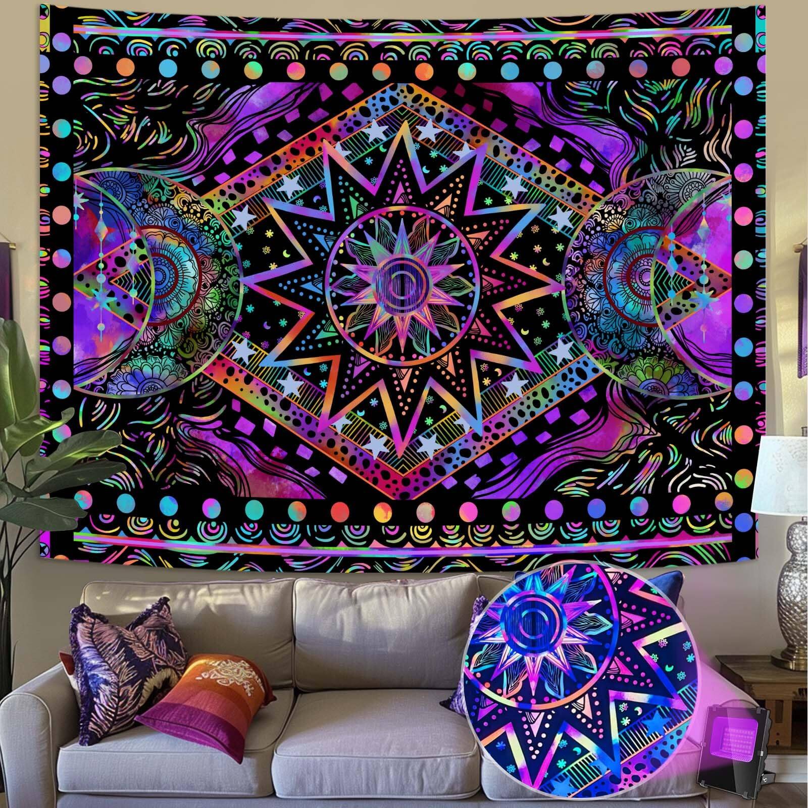 Dapper Styles Blacklight Sun And Moon Tapestry Glow In The Dark Neon ...