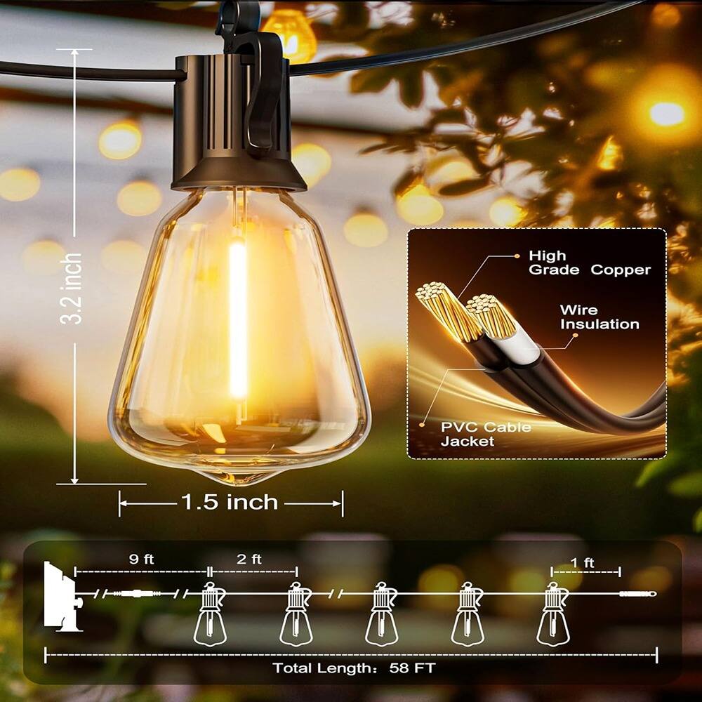 RTMB Waterproof 58 foot solar string lights with 25 shatterproof ST38 LED bulbs ST38 58FT with ...