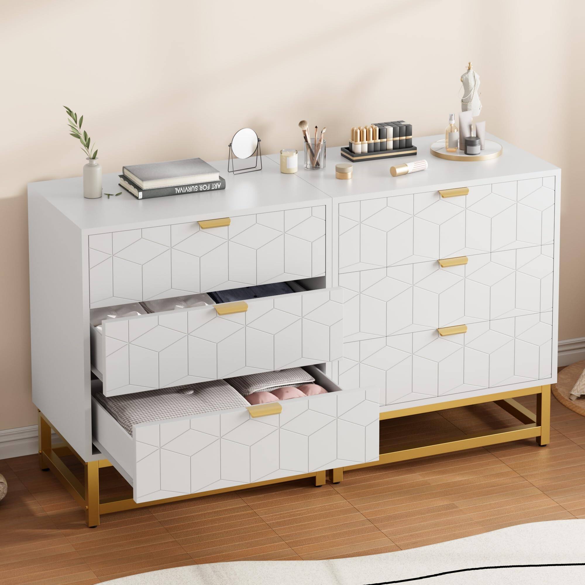 Jojoka Modern 3 Drawer Dresser for Bedroom, Wooden Chest with Gold ...
