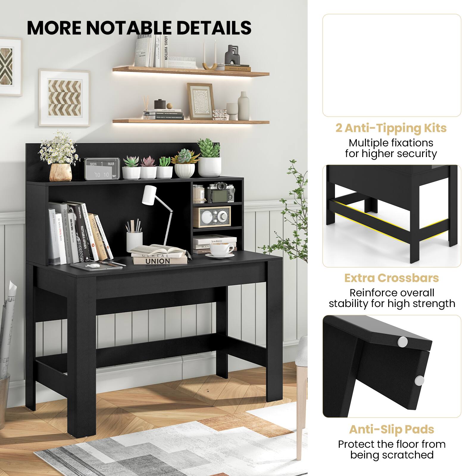 Sugift 48 Inch Writing Computer Desk with Anti Tipping Kits and Cable Management Hole Black ...