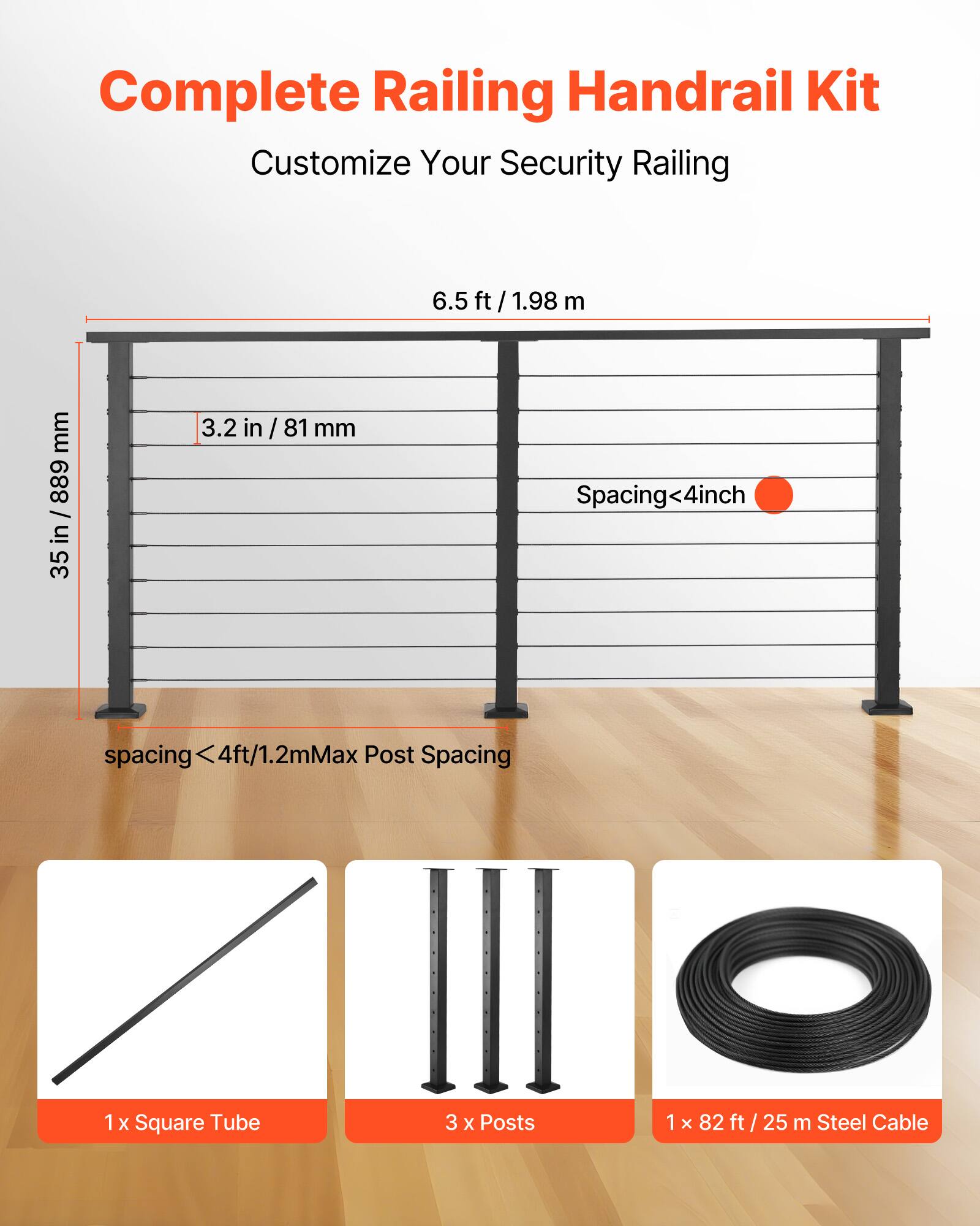 VEVOR 6.5 ft Complete Cable Railing Kit with Post, 35 inch Tall Matte ...