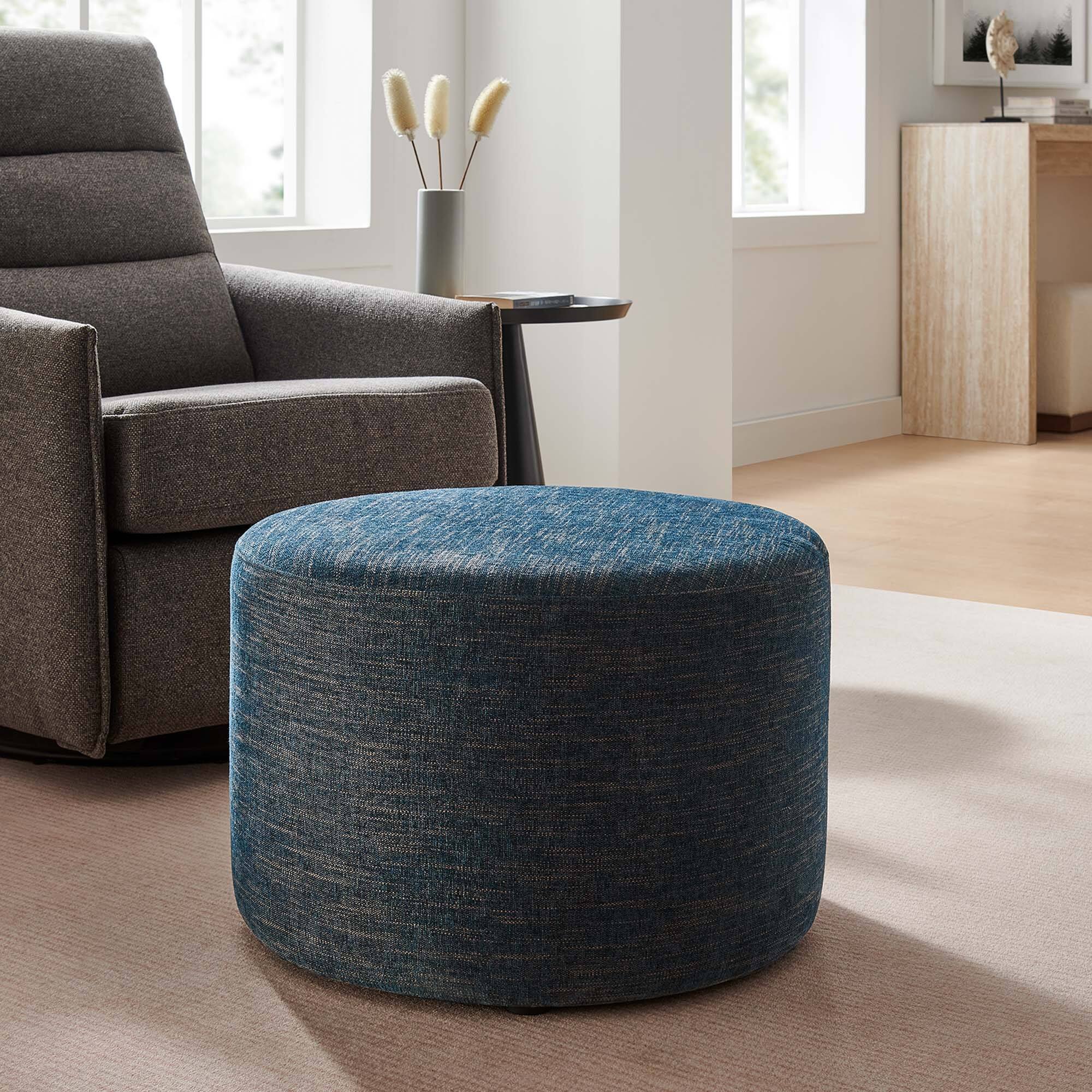 Callum Large 23" Round Woven Heathered Fabric Upholstered Ottoman by ...