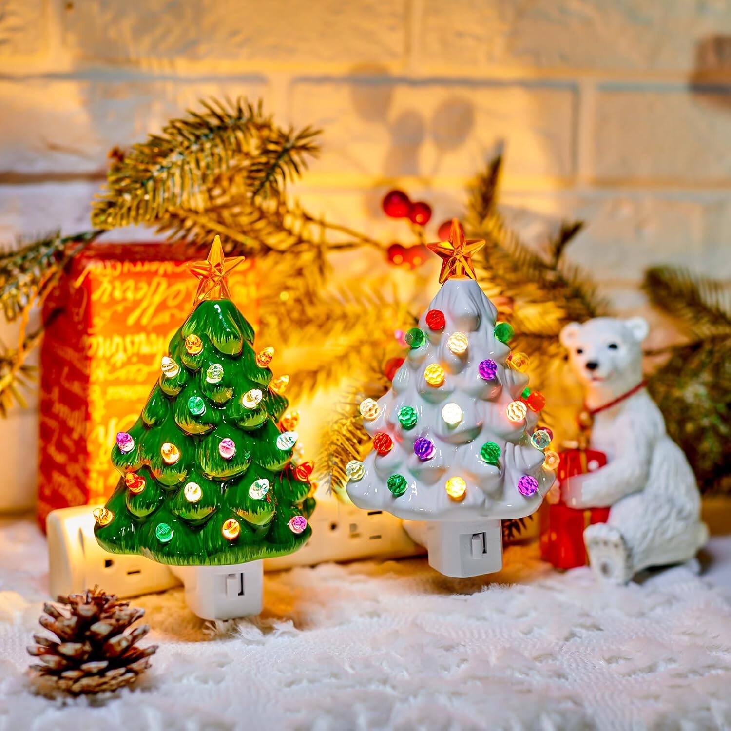 ACJPR 2 Pack Ceramic Christmas Tree Night Lights, Green & White, Plug ...