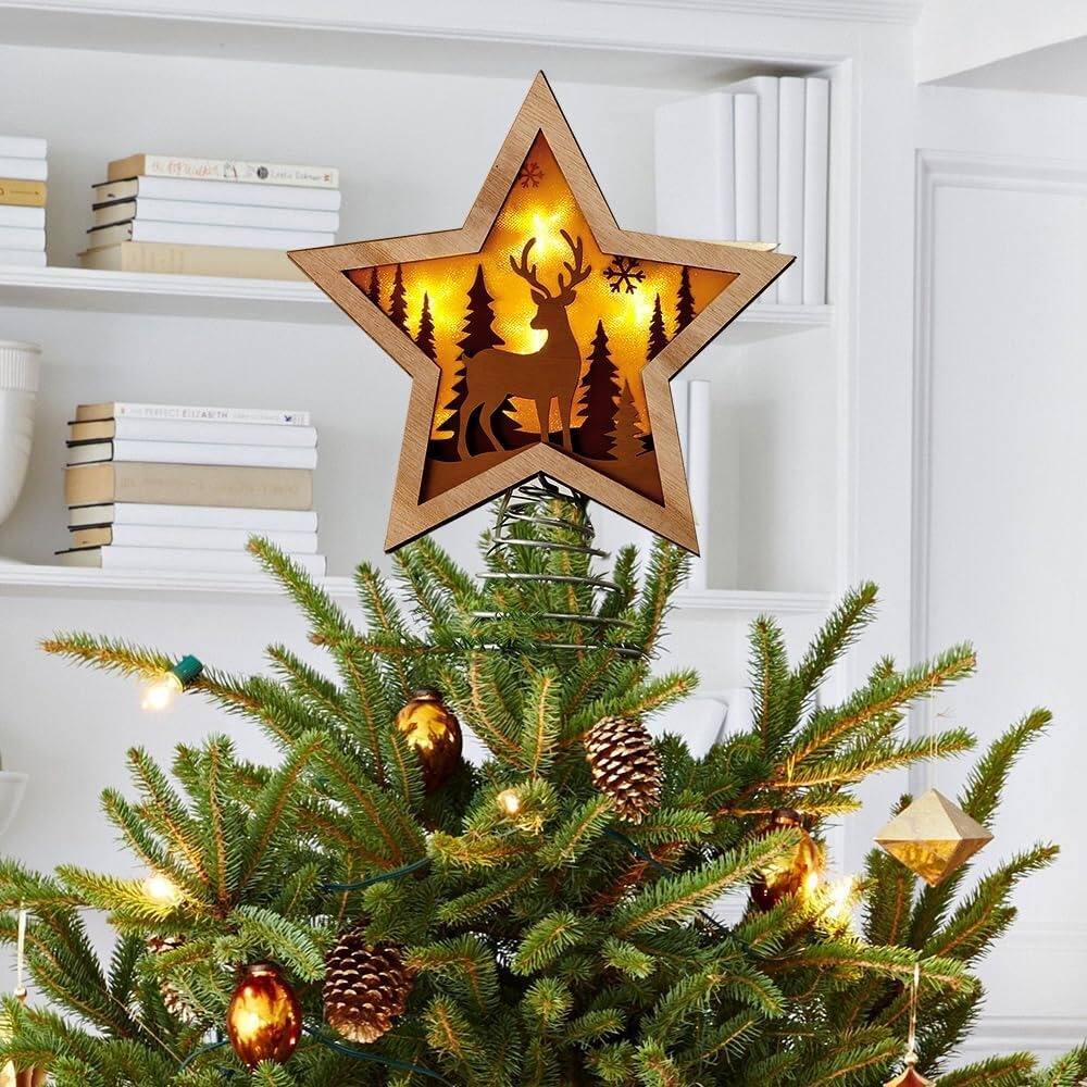 PARKER SLATER Rustic Wooden Reindeer Star Tree Topper – LED Lighted ...