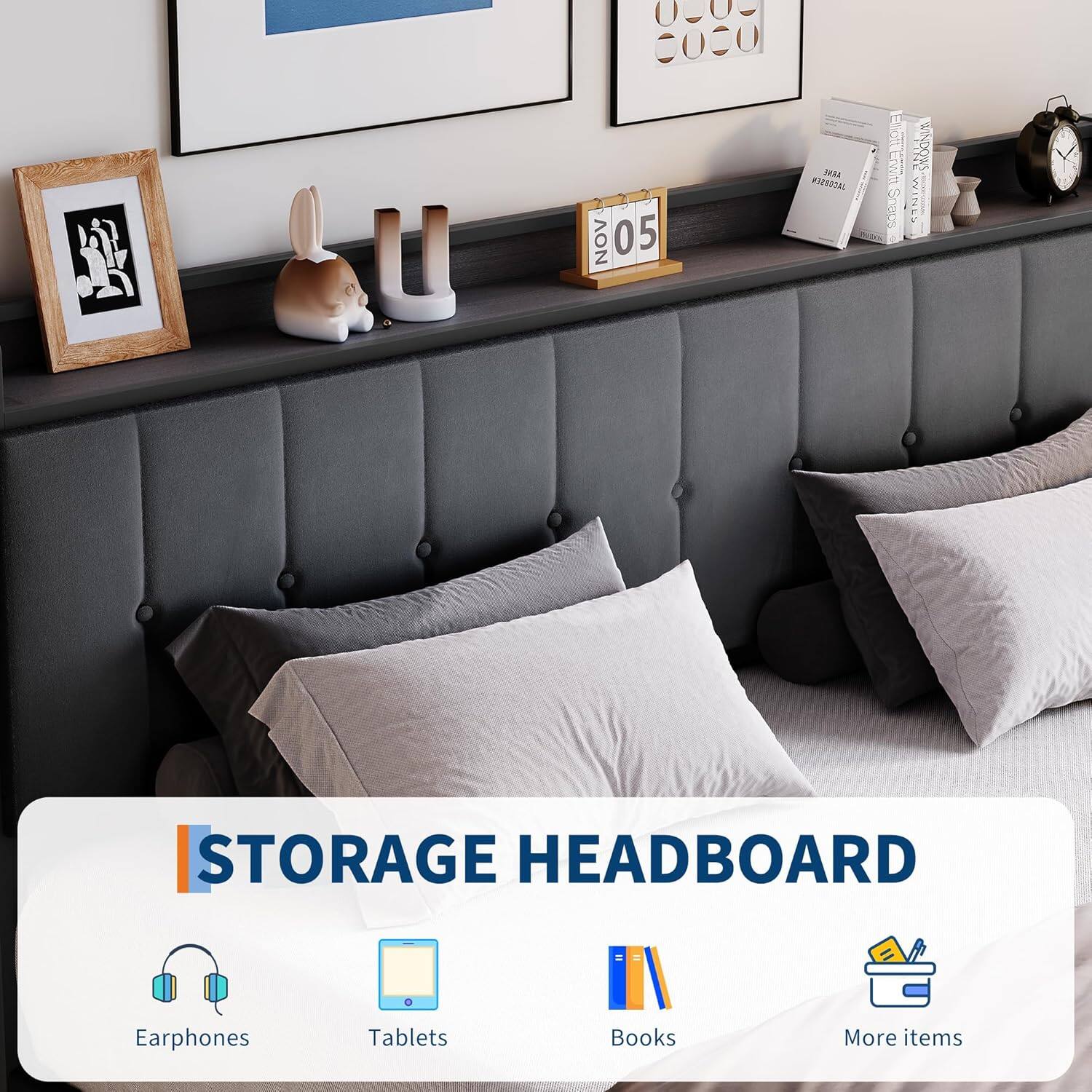 Homhougo King Upholstered Velvet Bed Frame with Lift Up Storage ...