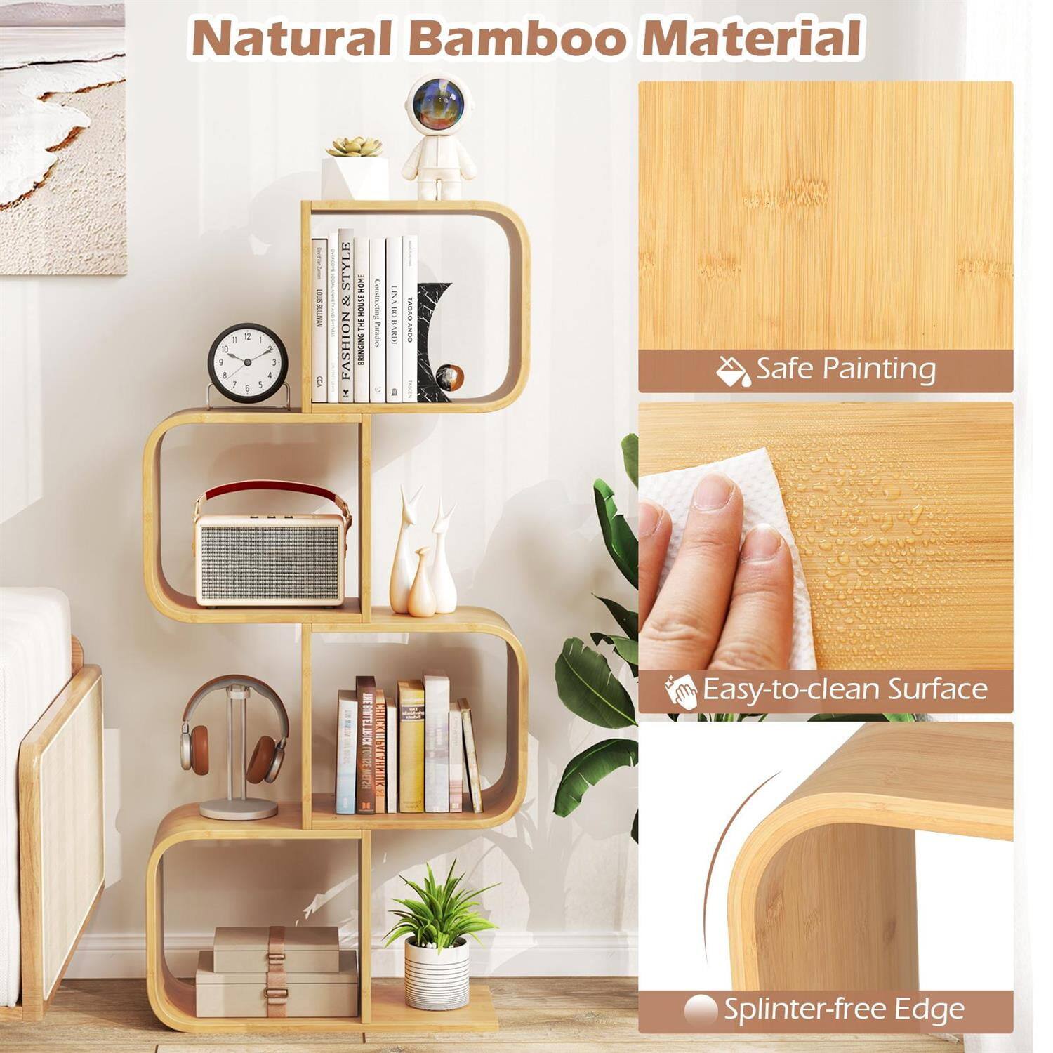 Pefilos 4 Tier S Shaped Bamboo Bookcase Durable Anti Tip, 4 Open ...