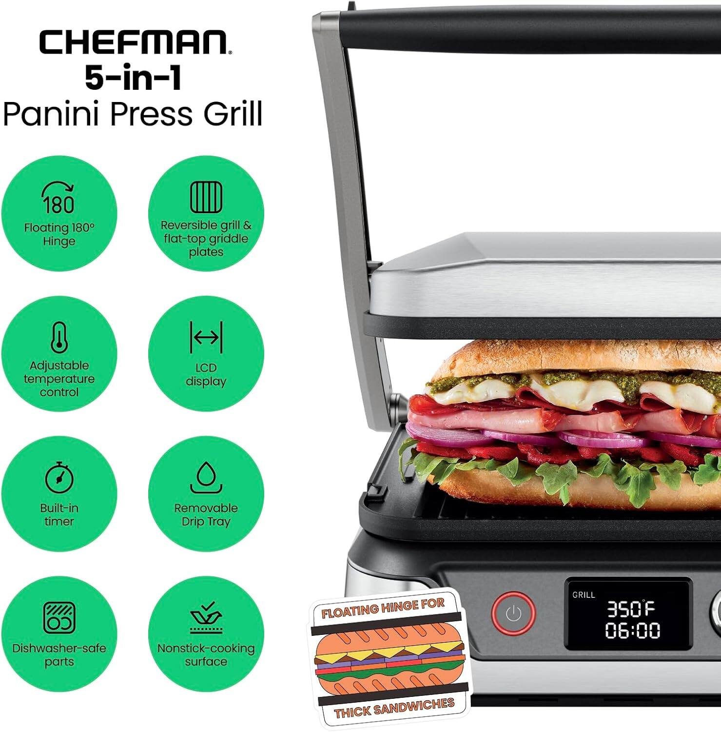 Chefman 5 in 1 Digital Panini Press Grill w/ Adjustable Temp, Opens Flat Stainless Steel RJ02 ...