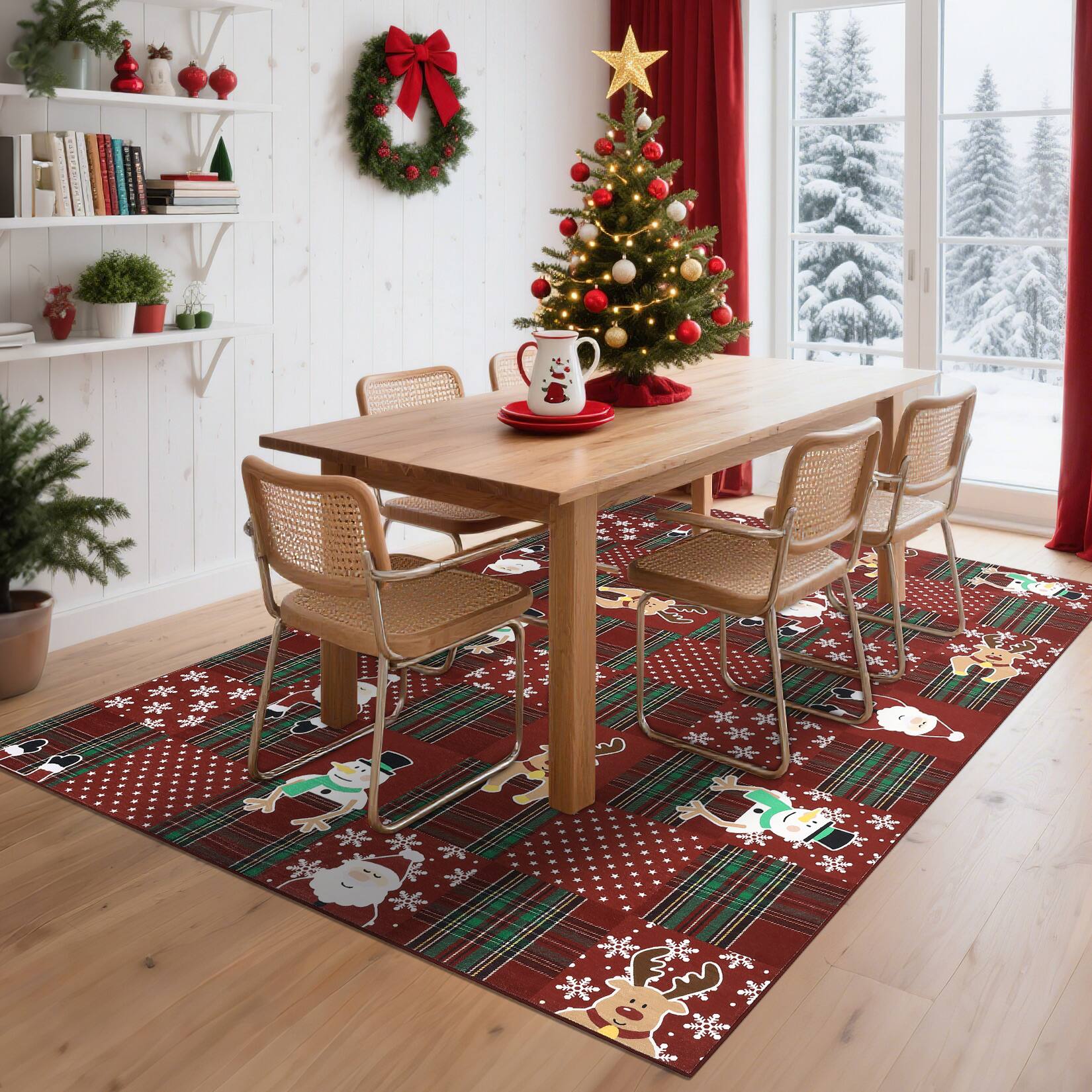 Jojoka 9x12 ft Christmas Runner Rug, Snowman Reindeer Plaid Print ...