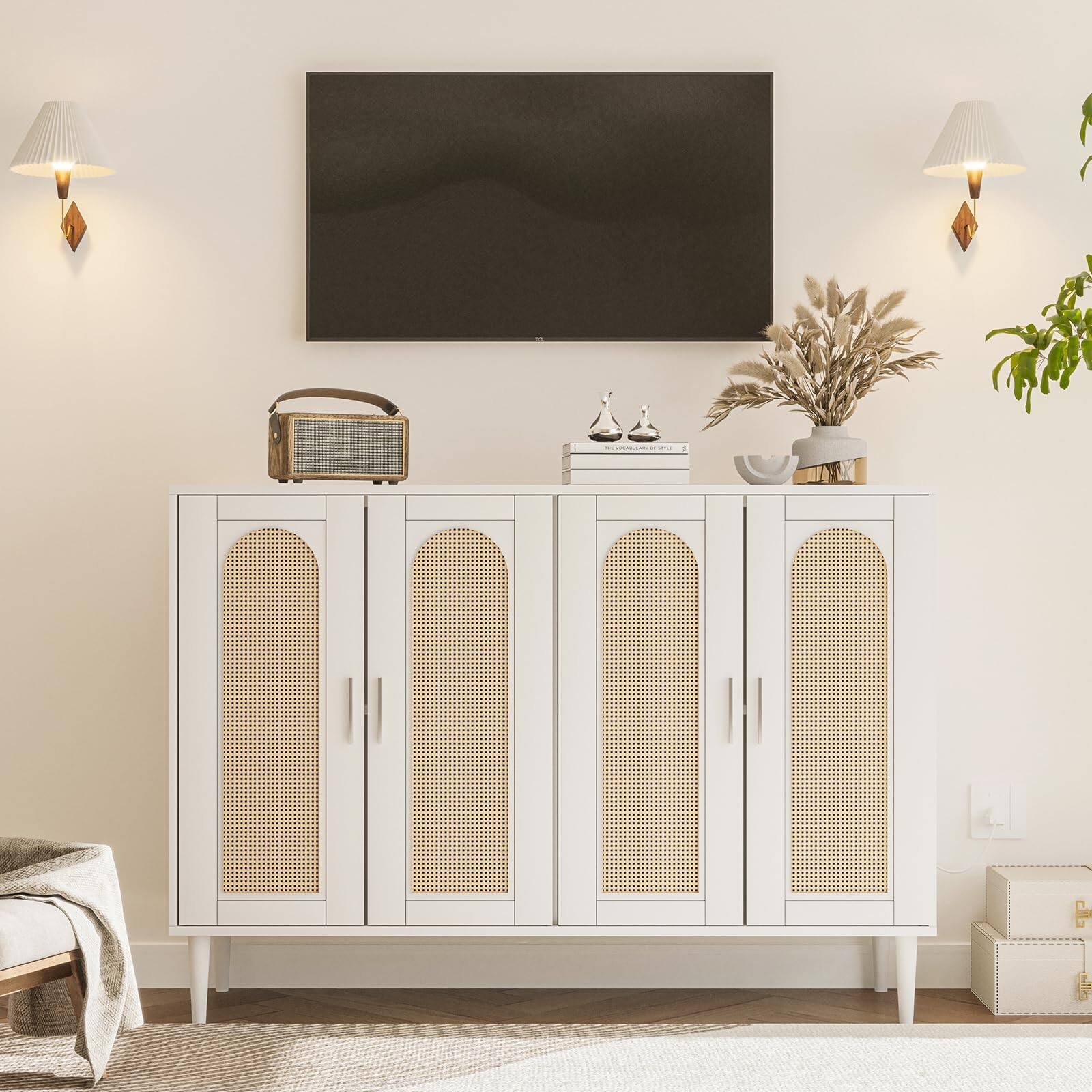 Jojoka Rattan Buffet Cabinet with 4 Doors, Adjustable Shelves ...