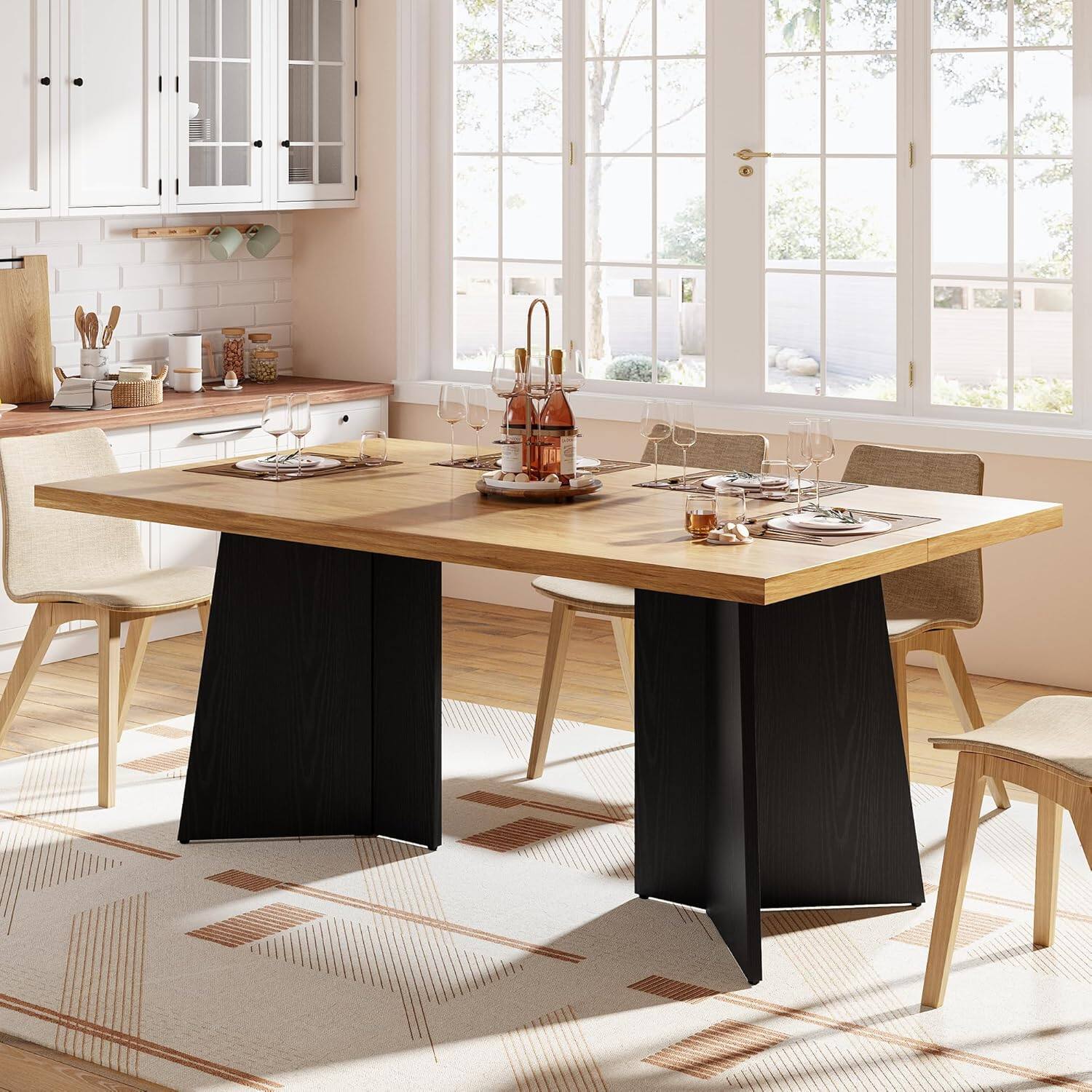 Homhougo 63" Rectangular Dining Table for 6–8, Extra Thick Wood Top & Metal Base, Modern Dining ...