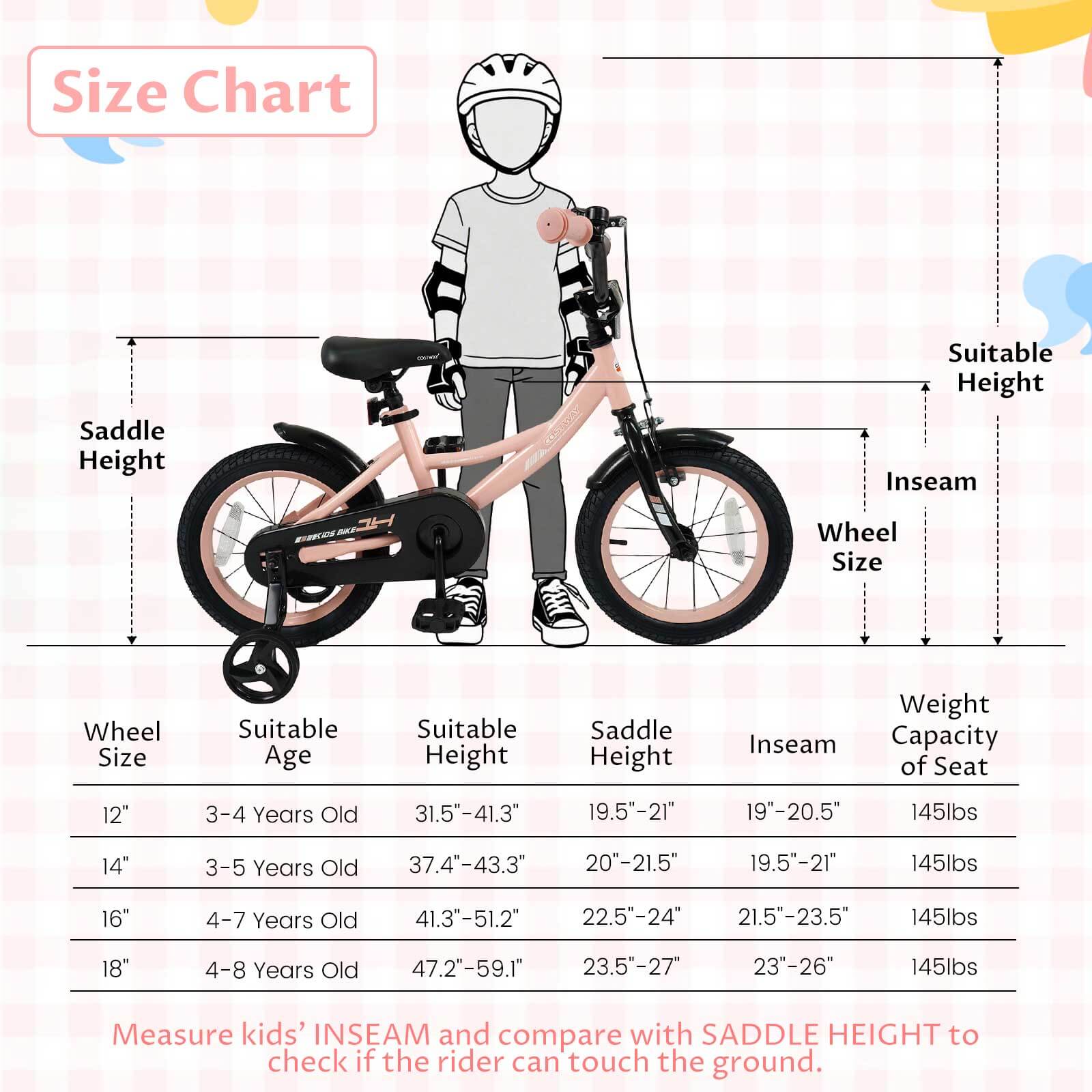 Costway Kids Bike, 14" Toddler Bicycle with Training Wheels, Dual Brakes, Adjustable Seat Pink ...