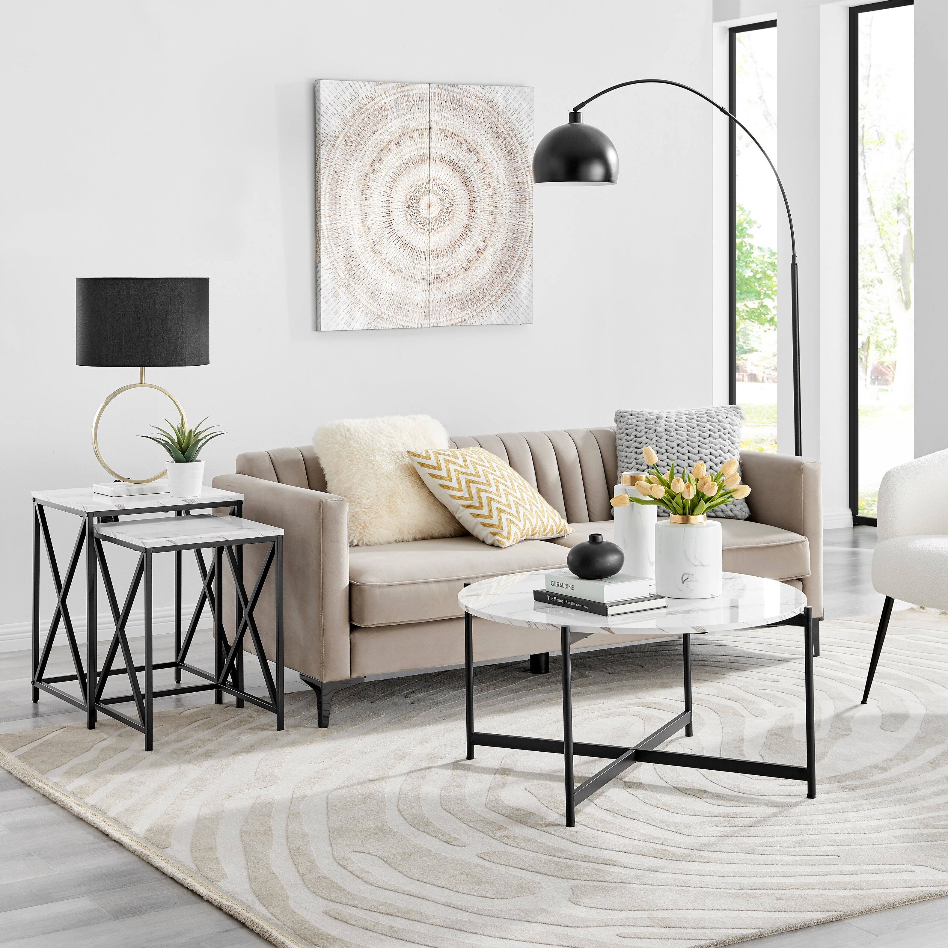 Danya B Modern Square Marble Finish Veneer Top Black Metal Frame Nesting End Tables Set of 2 ...