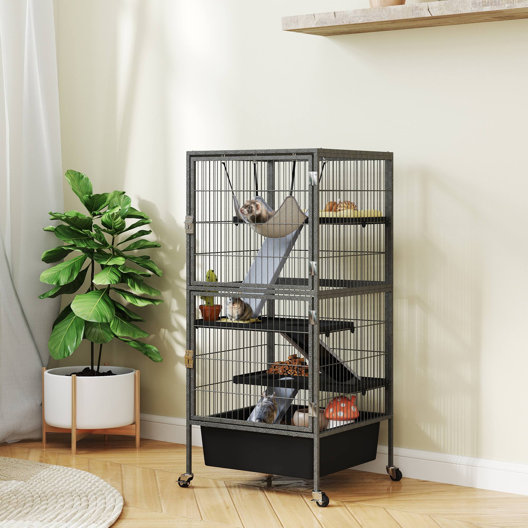 Pawhut 45 Inch Small Animal Cage, 4 Tier Rolling Ferret Chinchilla ...