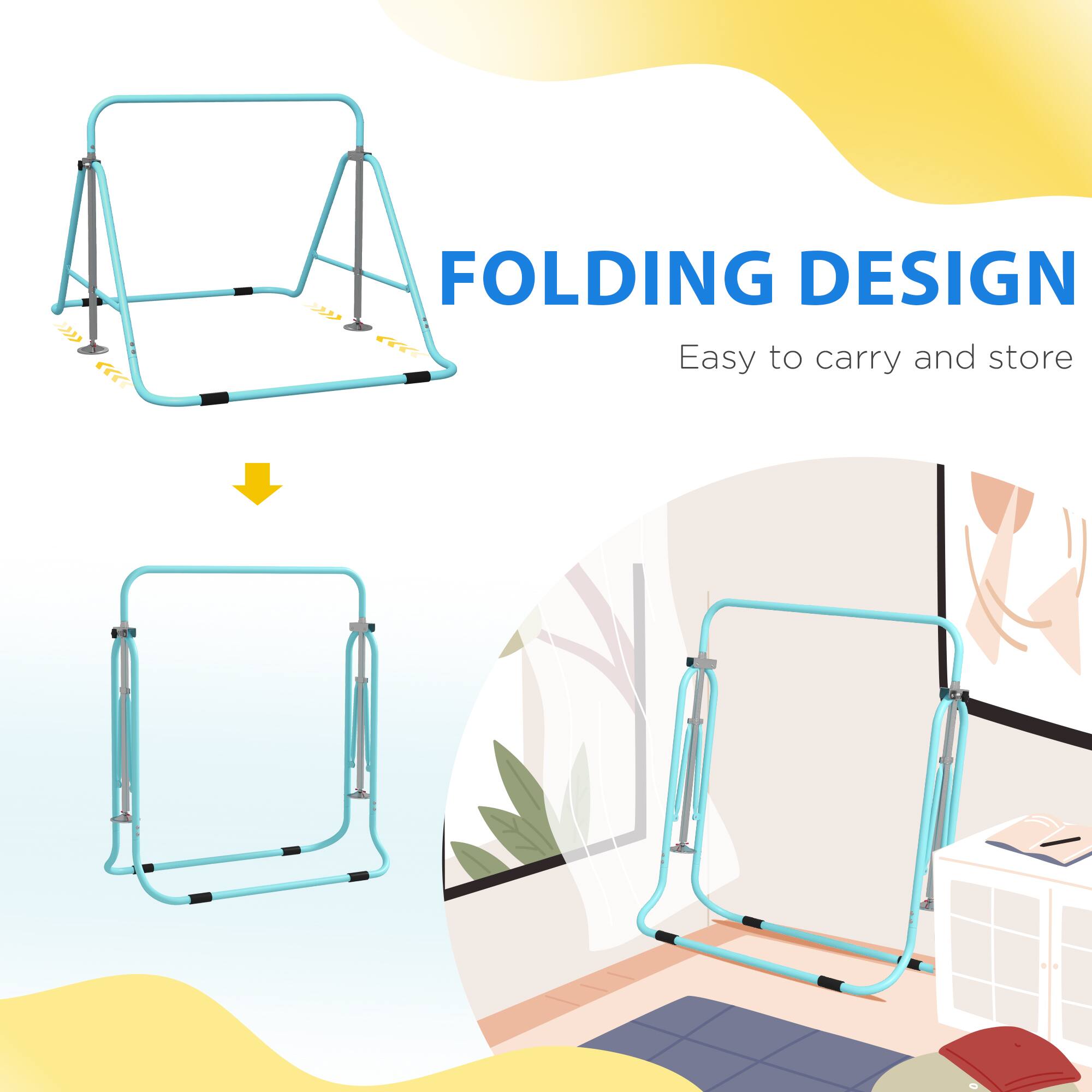 Qaba Folding Gymnastics Bar for Kids, Shock Absorption, Adjustable ...