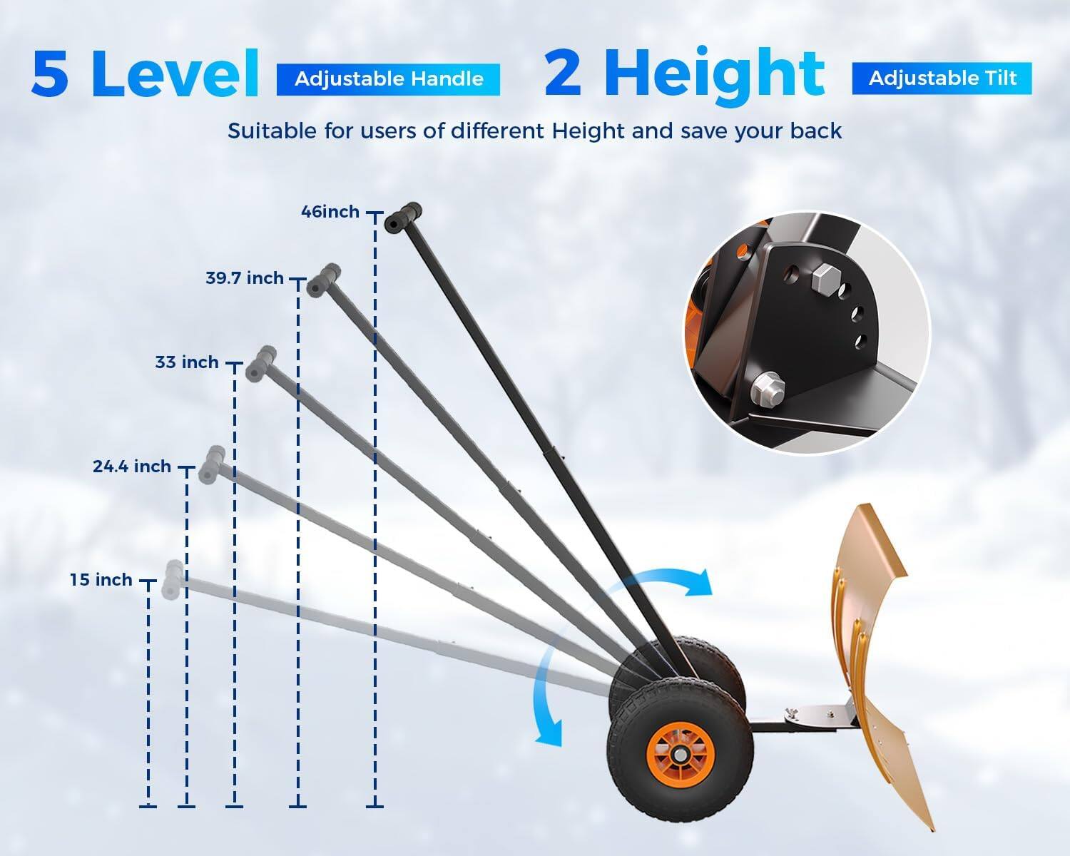 Qeetex 29" Wheeled Snow Shovel Pusher, Adjustable Handle & Angled Blade ...