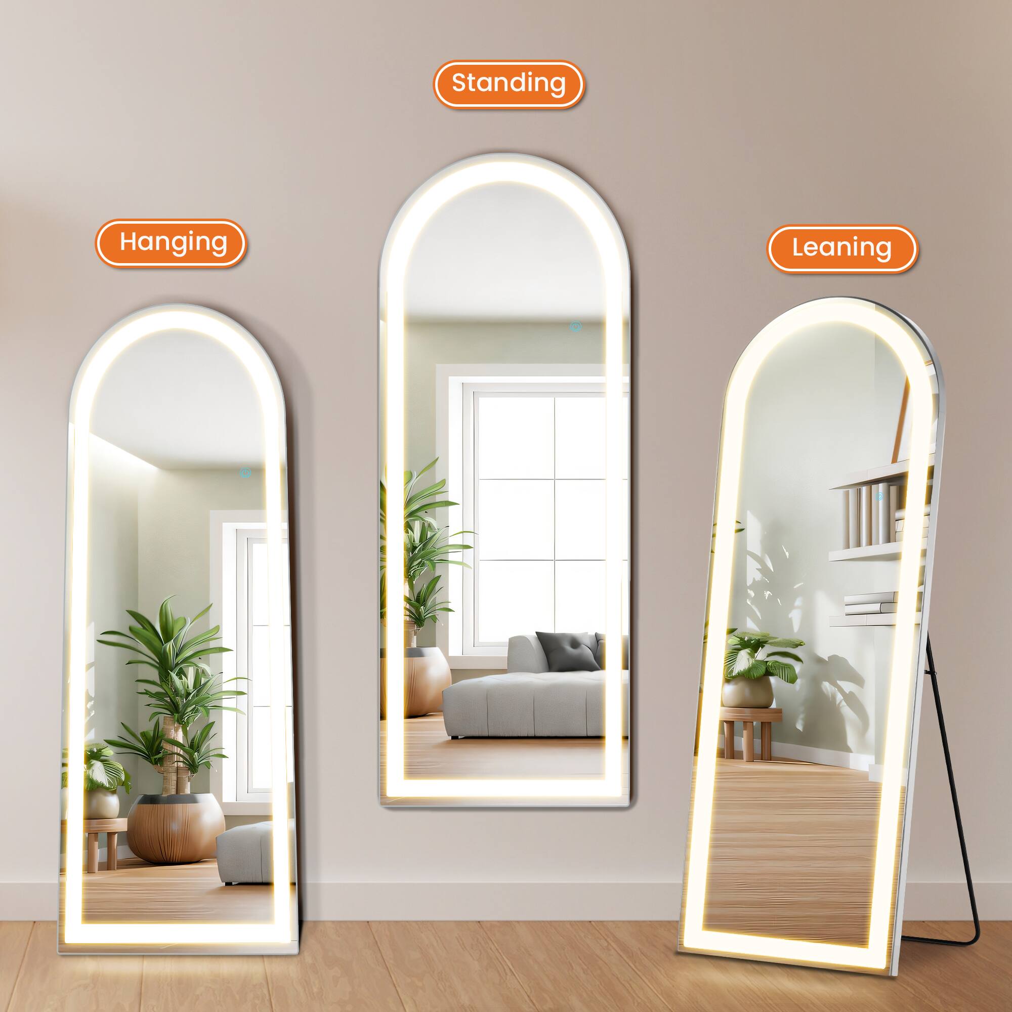 Lirago 3 Color Lighting Mirror with LED LightsLighted Floor Standing ...