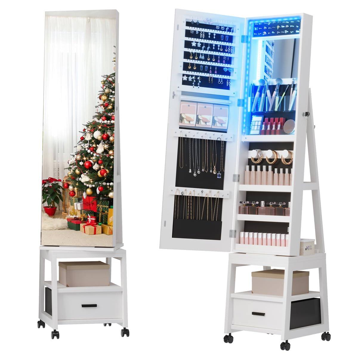 Empire DigiLabs 360 Swivel Armoire With Lights 66 H Full length Mirror Storage Shelf & Drawer ...