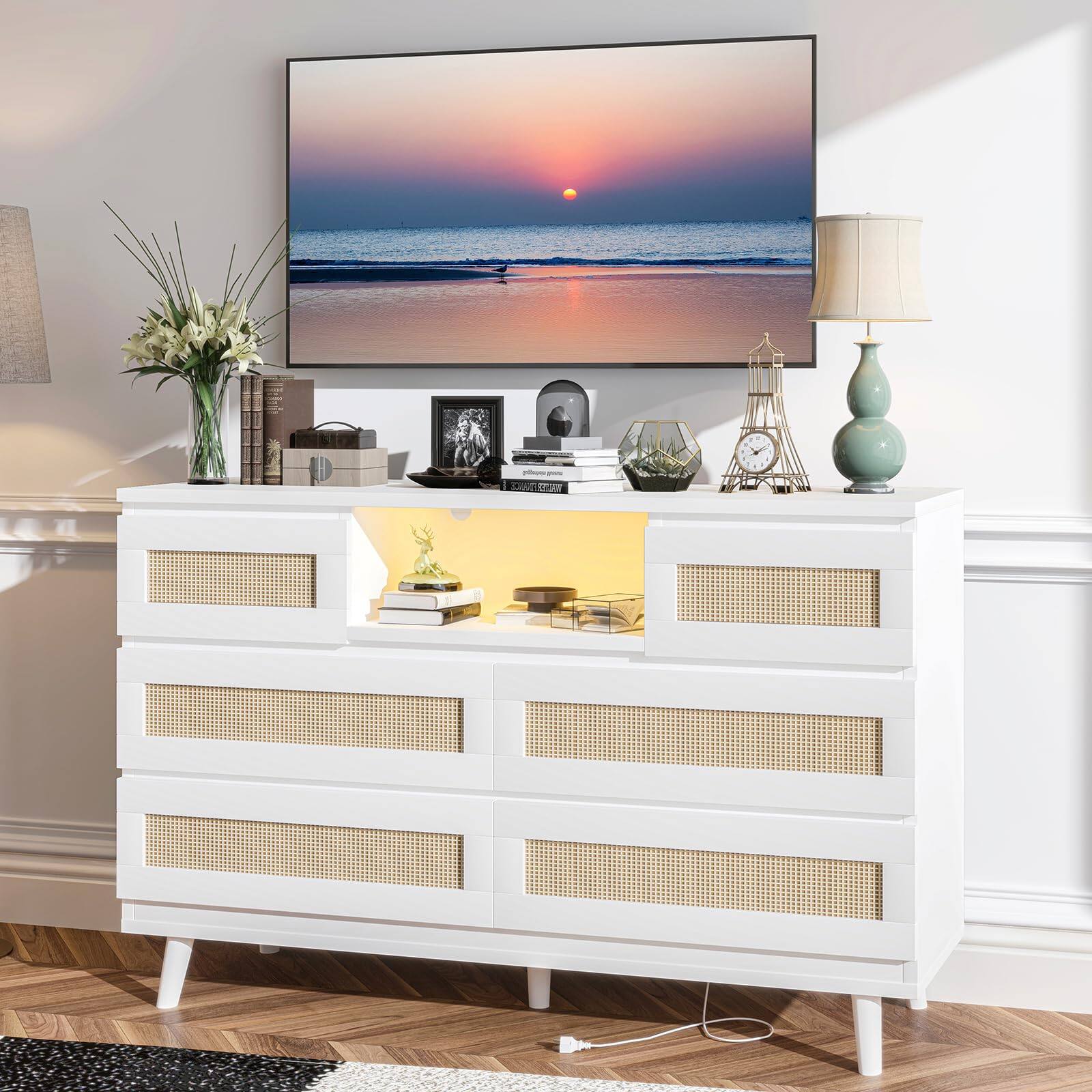 Acekool Rattan 6 Drawer Dresser for Bedroom, Modern Wooden Dresser ...