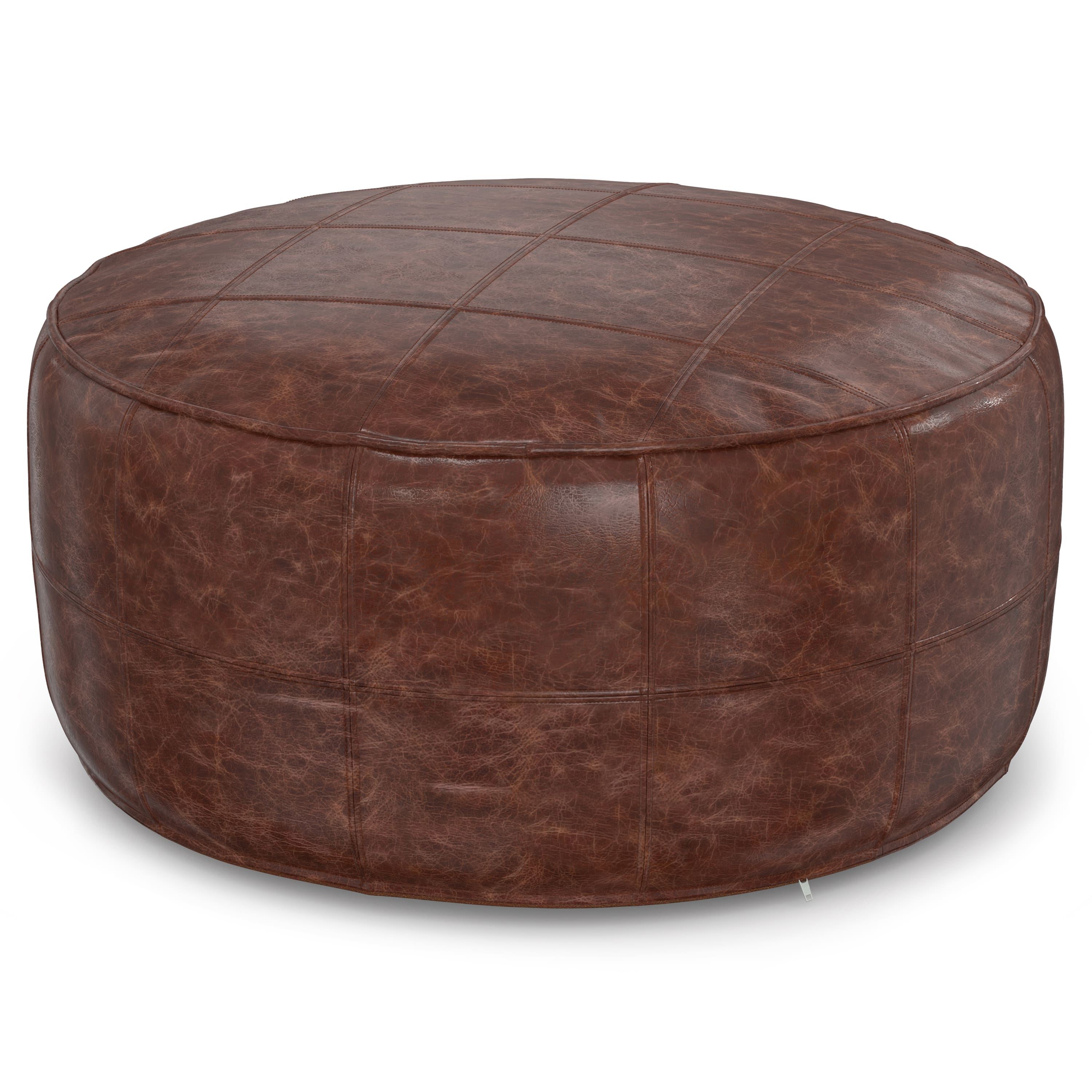 Simpli Home Connor Boho Round 34 inch Round Coffee Table Pouf Genuine ...