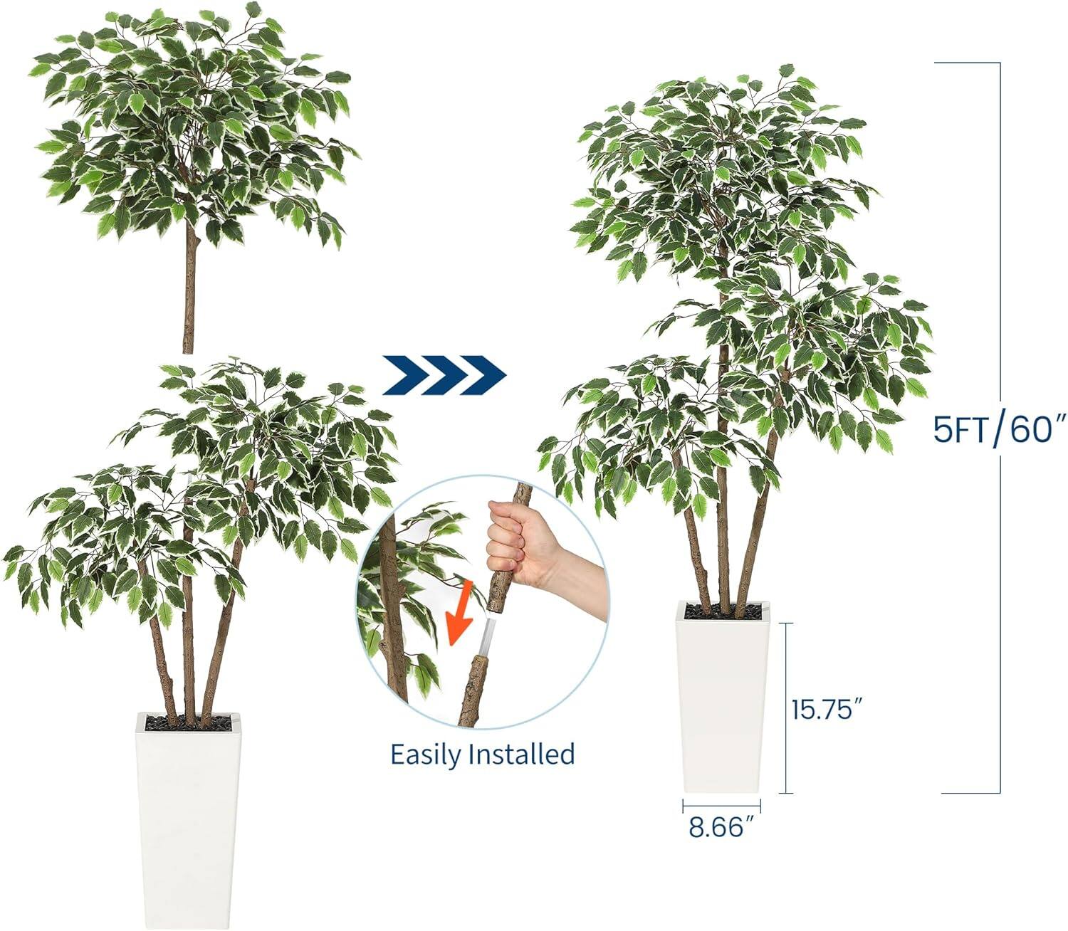 Babevy 5ft ficus tree artificial, tall white planter, 3 natural trunks ...