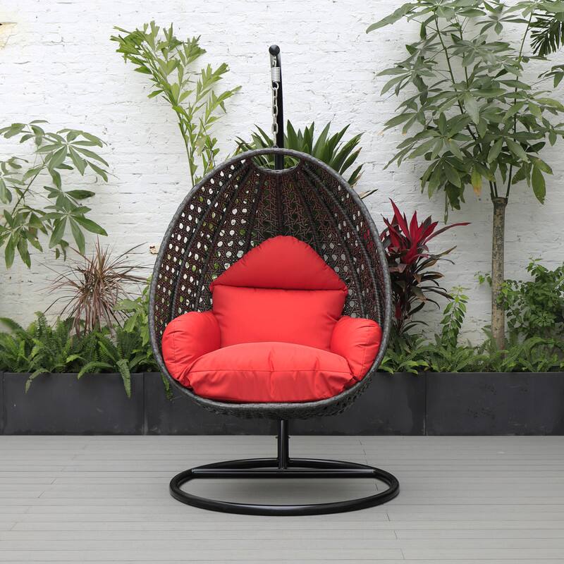 LeisureMod Charcoal Wicker Outdoor Egg Swing Chair with Steel Stand UV ...