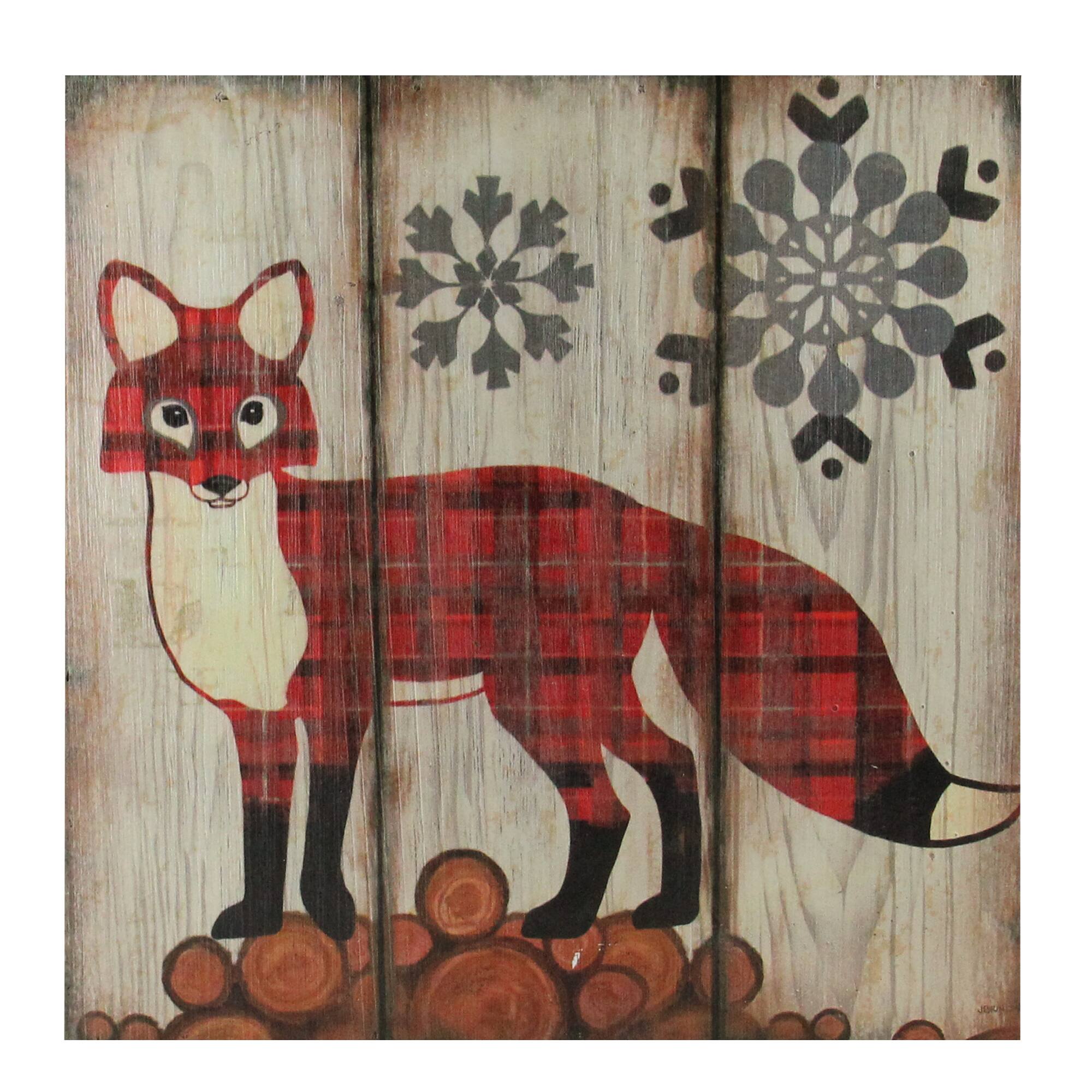 Raz 13.75" Alpine Chic Plaid Red Fox on Lumber with Snowflakes Wall Art ...