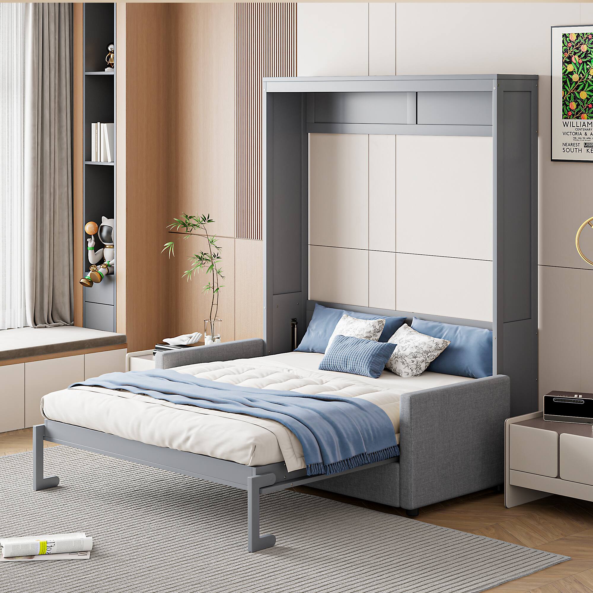 Tiramisubest Full Size Gray Murphy Bed Wall Bed, MDF+LVL, 83"L x 66"W x ...