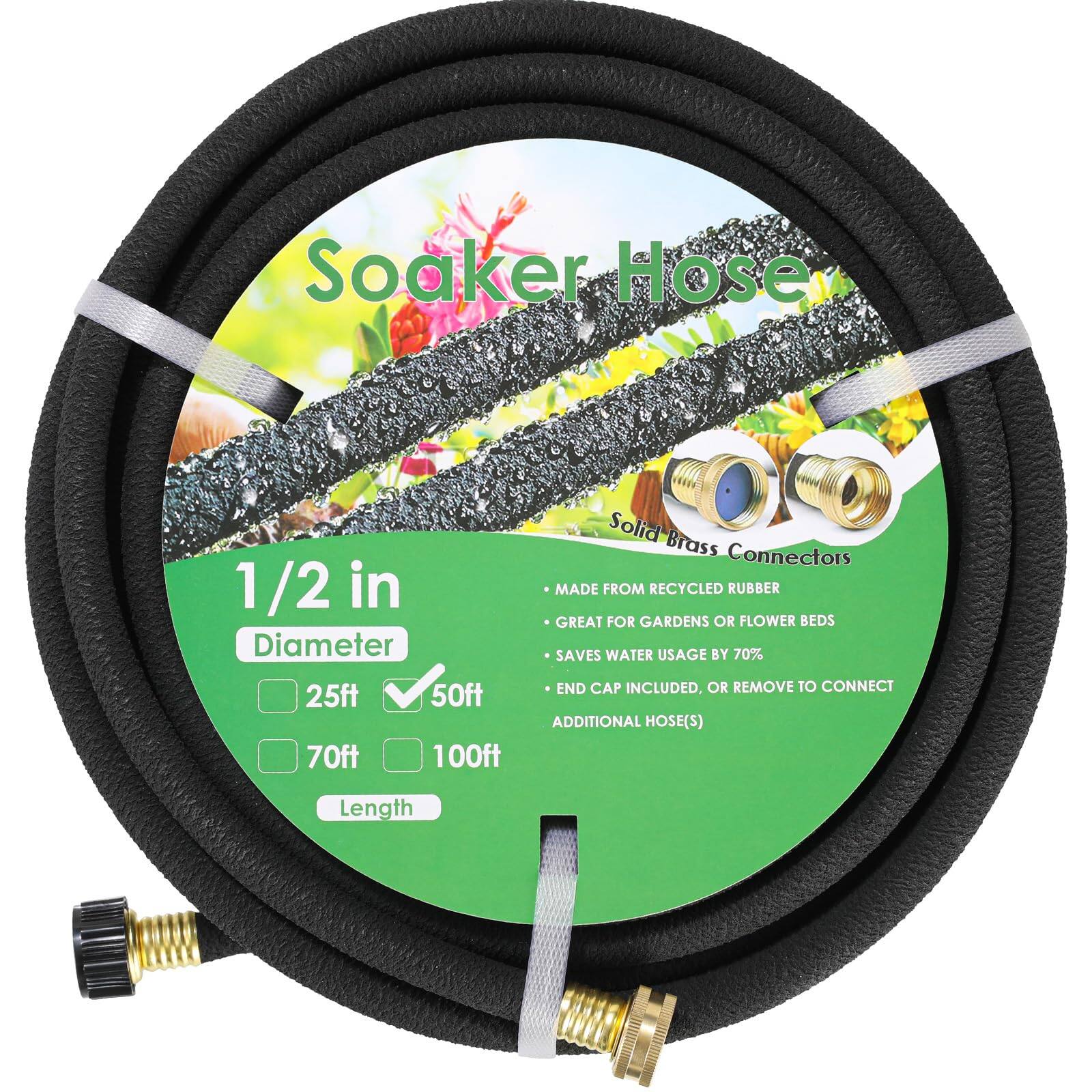 JETRANSPORT Soaker Hose 100 Ft 1/2" Solid Brass Connectors Heavy Duty ...