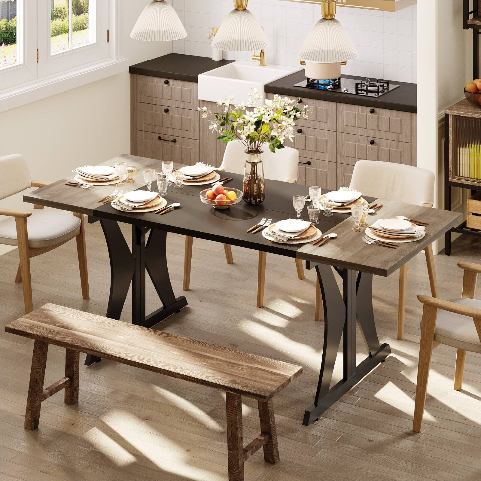 Bestier 70" Farmhouse Dining Table, Fits 6 8, Multi Color for Retro ...