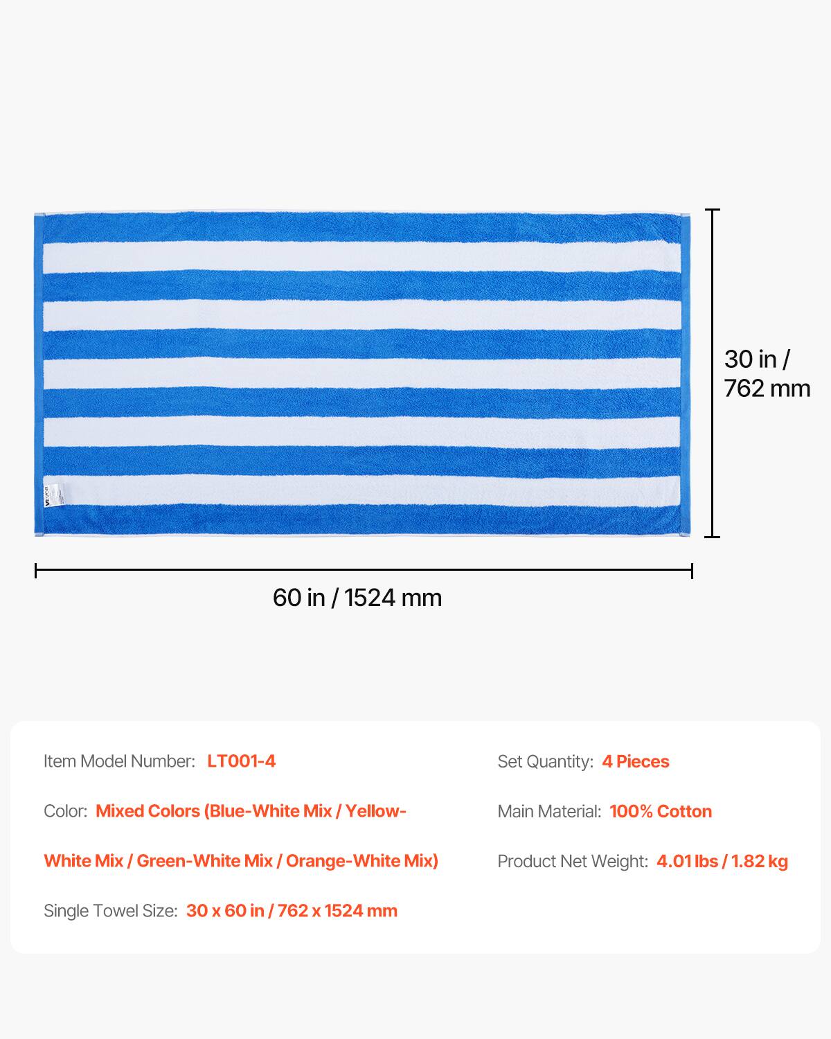 VEVOR Beach Towel, 4 Pack Oversized Beach Towels, 30 x 60 in Cabana ...