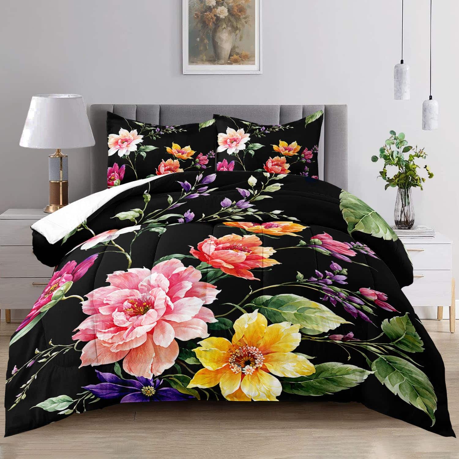 PO3TICJUNKI3 - Floral Comforter Set Queen Botanical Bedding Cute Pretty ...