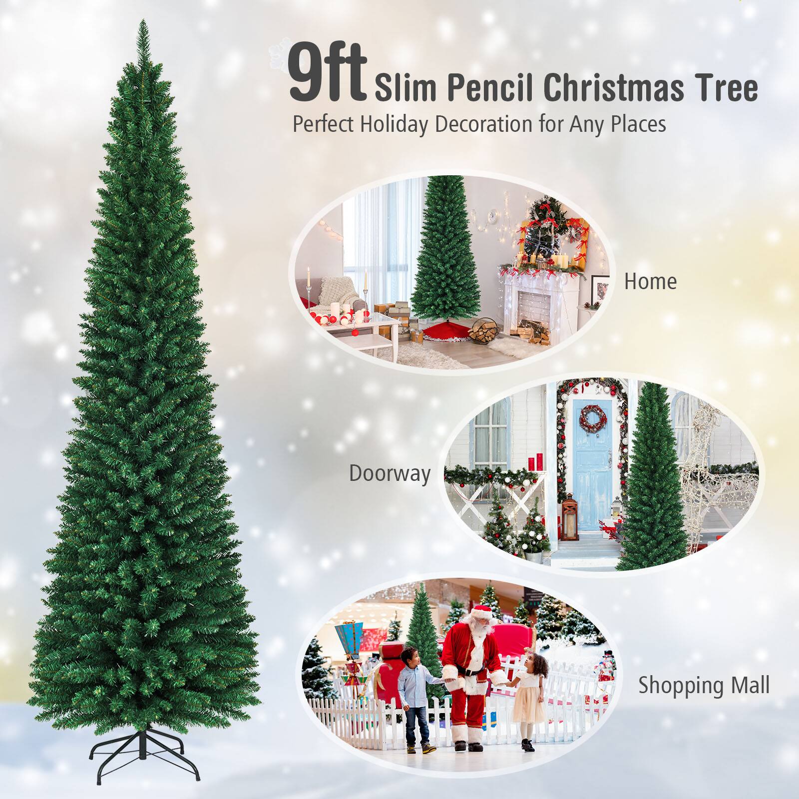 Gymax 9' PVC Artificial Christmas Tree Holiday Decor Slim Pencil Tree ...
