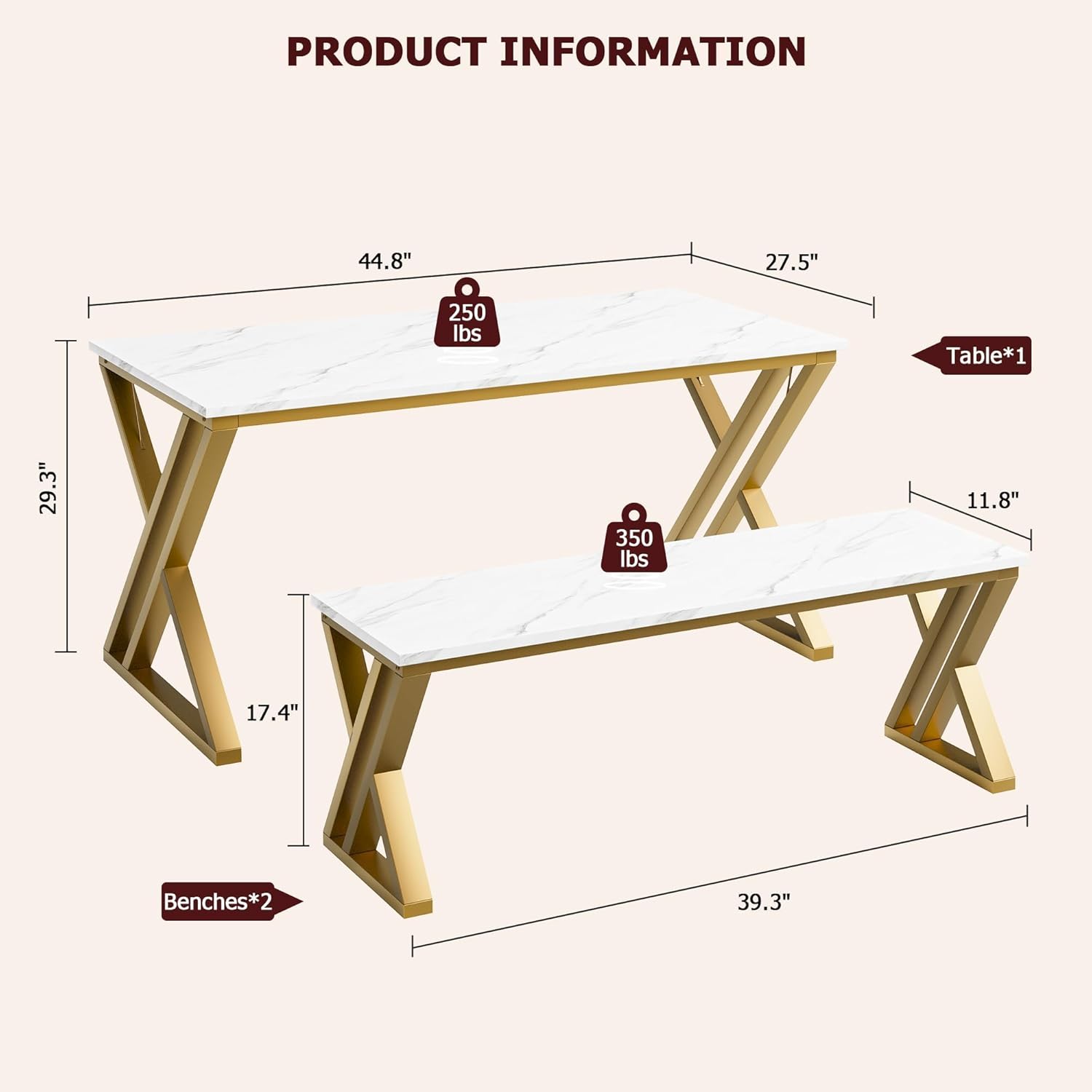 GARVEE Dining Table & 2 Bench Set for 4 Faux Marble Top, X Shaped Frame ...