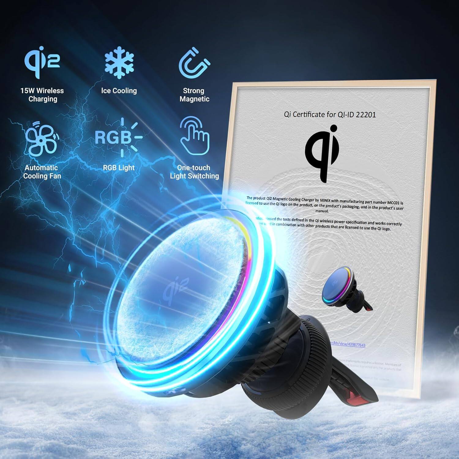 MINIX Qi2 15W MagSafe Car Mount Charger w/ Ice Cooling, RGB Light Show ...