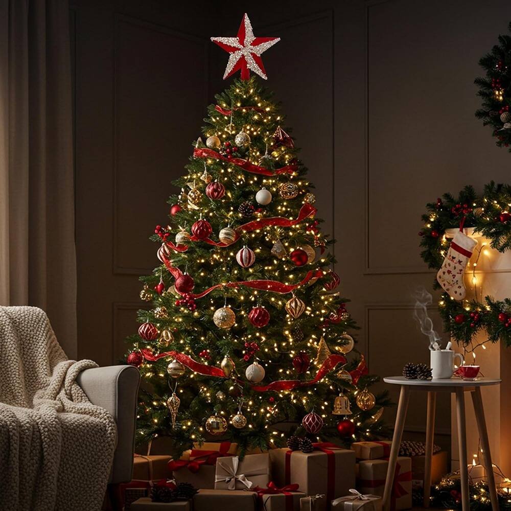 PARKER SLATER 7.87" Velvet Glitter Star Tree Topper – Red & Silver ...