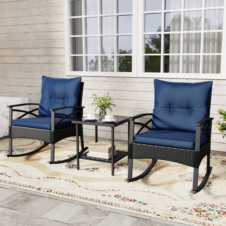 Mondawe 3 Piece Outdoor Rattan Rocking Chairs Set with 2 Tier Side ...