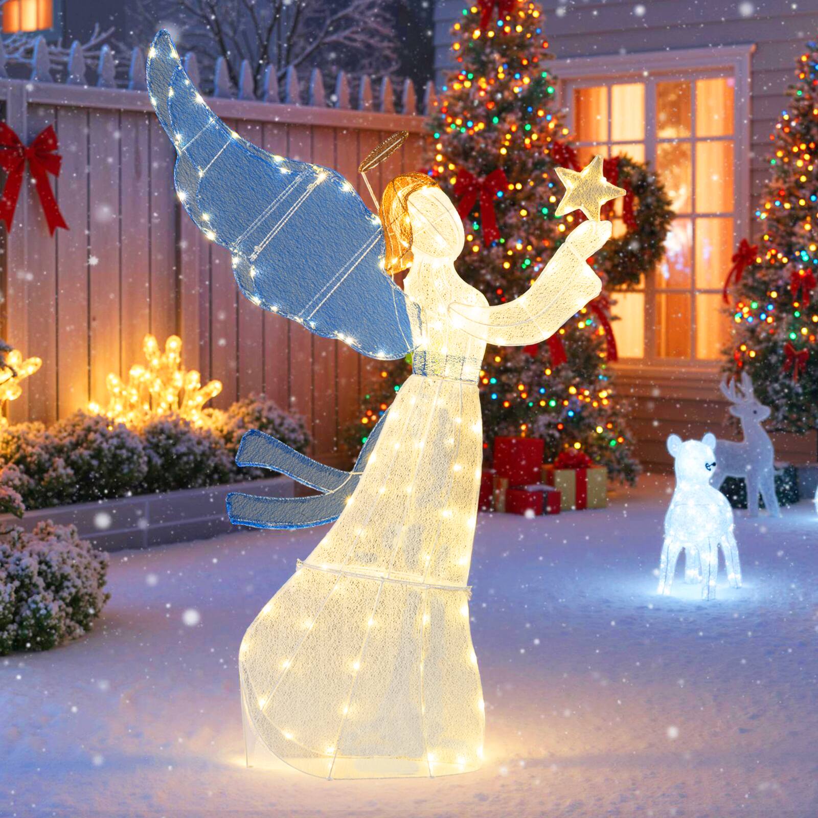Costway 5 Ft Lighted Christmas Angel with Star Halo Spreading Wings ...