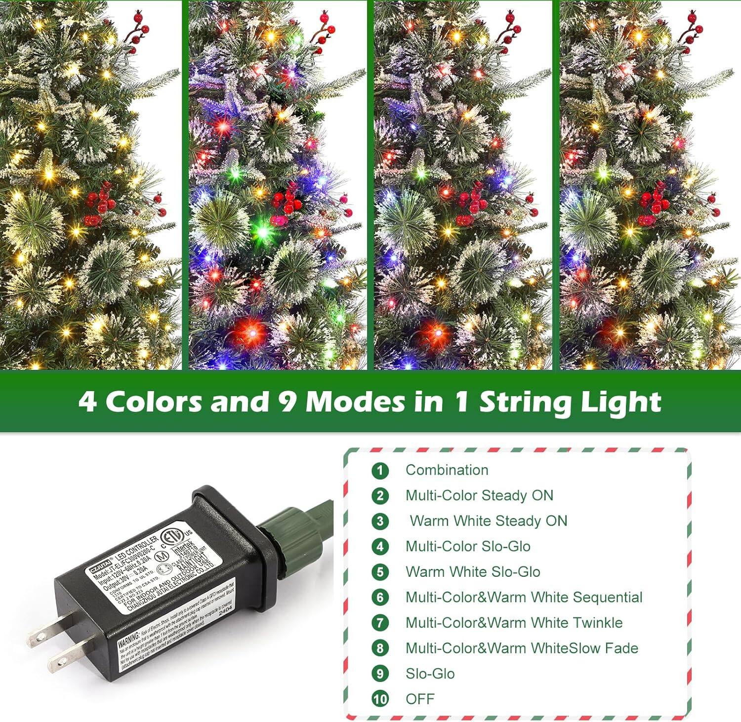 Jojoka 4.5ft Pre Lit Christmas Tree with 150 Two Color LED Lights, 8 Modes, Snowflakes & Berries ...