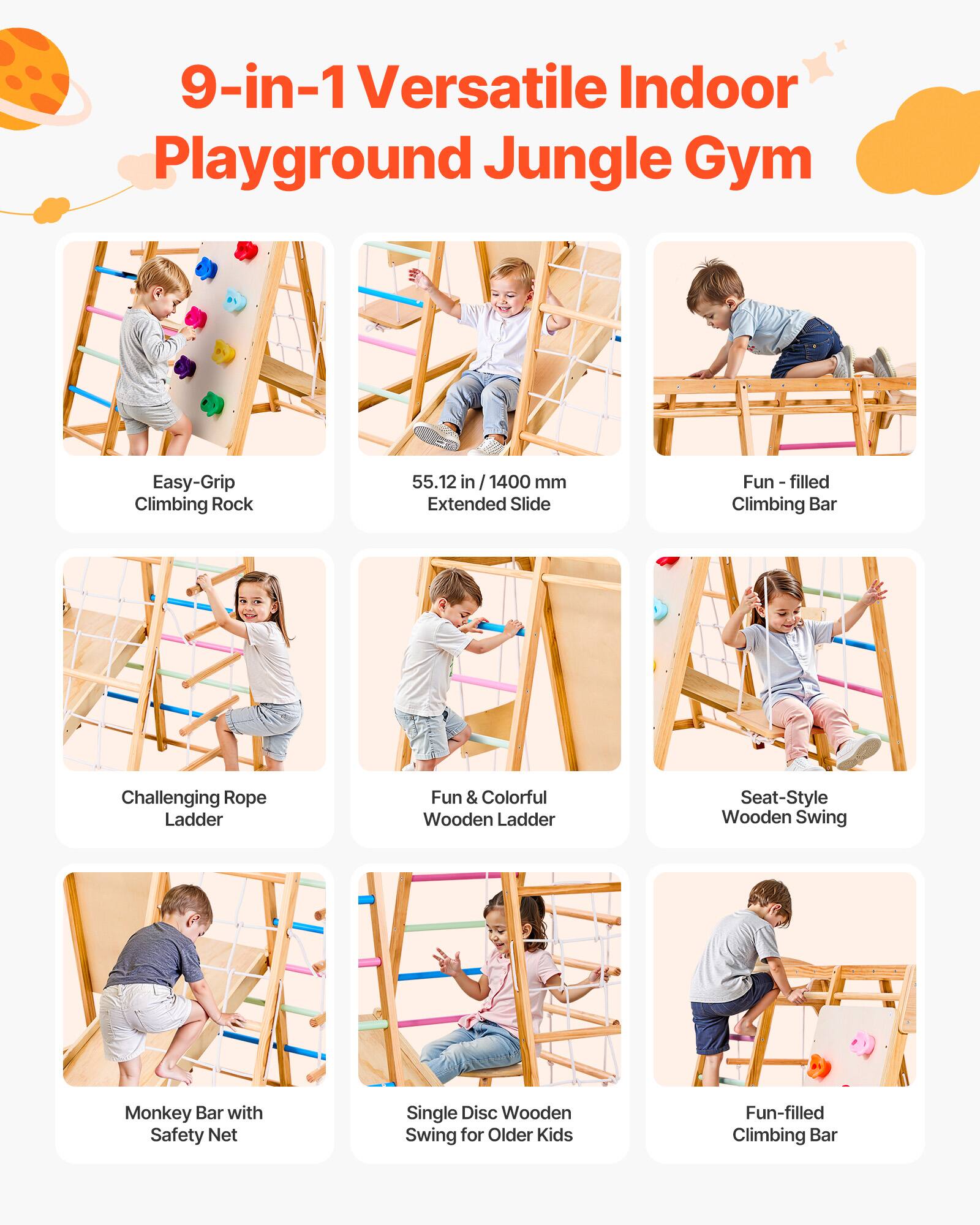 VEVOR Indoor Playground Jungle Gym, 9 in 1 Wooden Climbing Playset for Toddlers, 250LBS Capacity ...