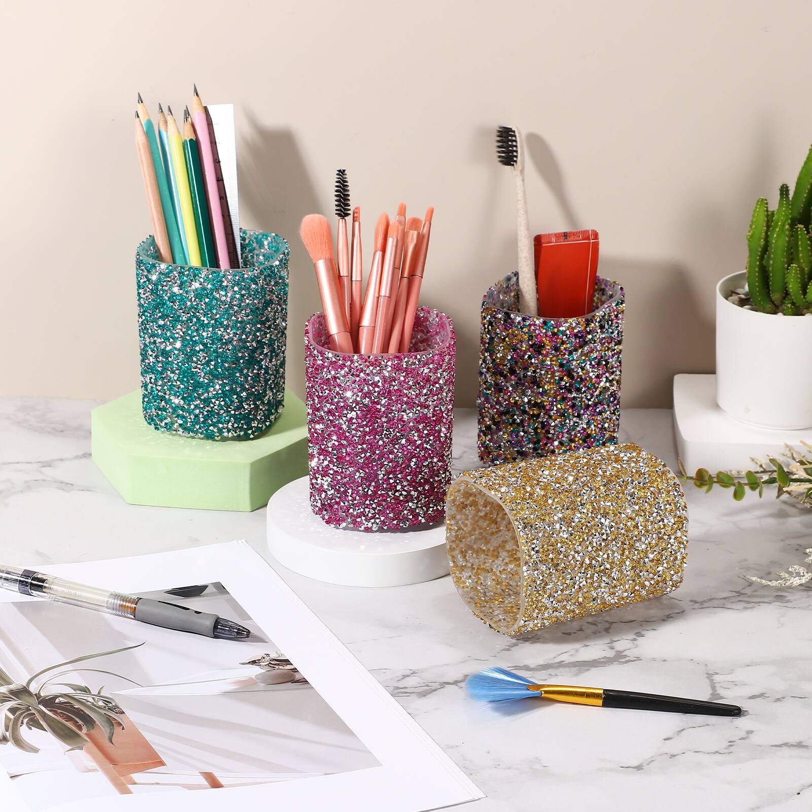Unique Bargains Crystal Makeup Brush Holder Storage Box Round Pencil ...