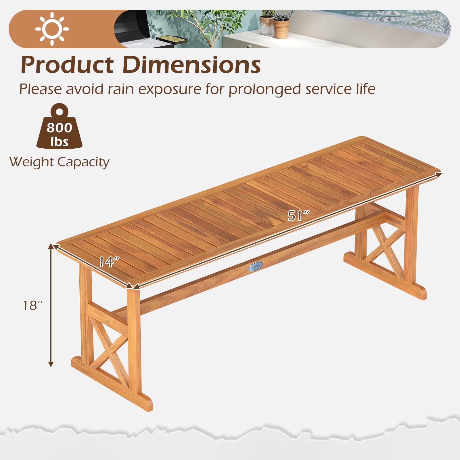 Gymax 51 Inches Acacia Wood Outdoor Bench w/ Slatted Seat & X Shaped ...