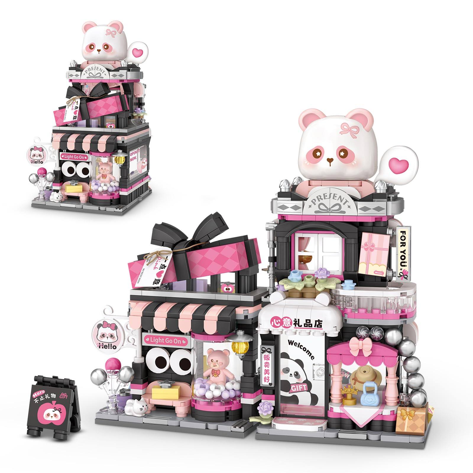 Leash Valley Street View Tea Shop Mini Building Blocks Moc Creative Toys Cute Panda Animals Set ...