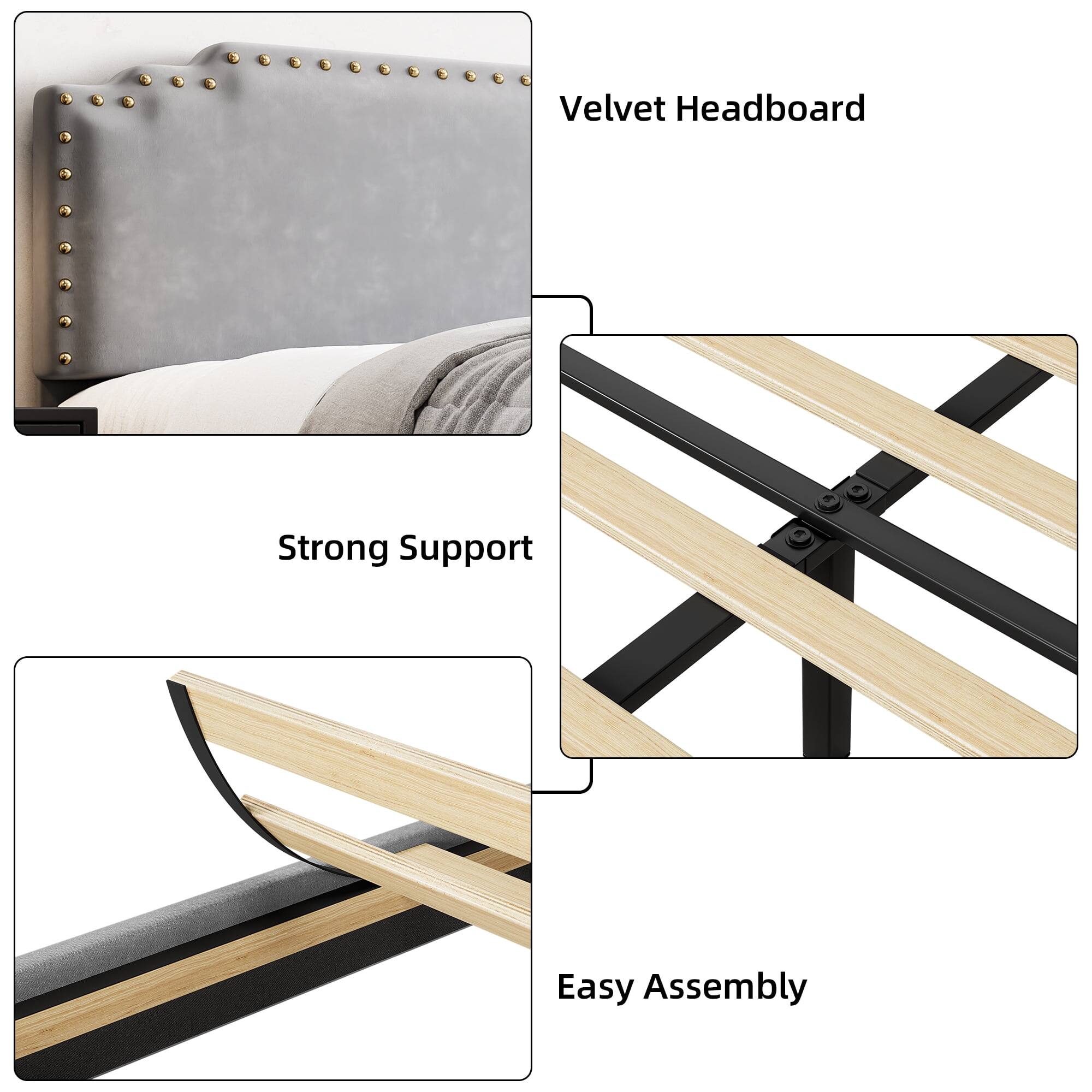 GARVEE King Velvet Upholstered Bed Grey Riveted Headboard Wood Slat ...