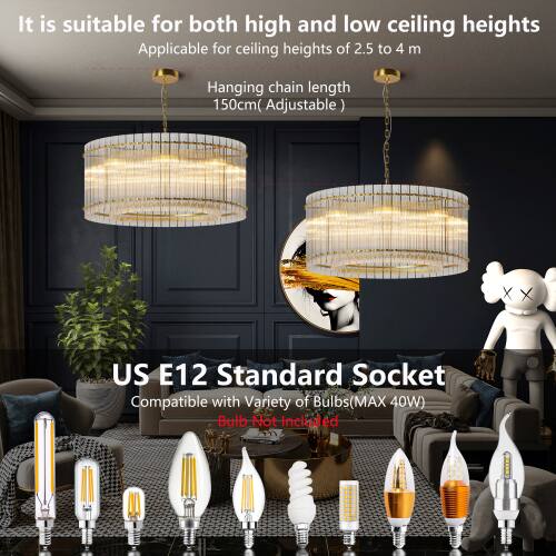 LUCKY ONE 37in Hanging Round Chandelier, 8 Light 2 Tier Water Ripple ...