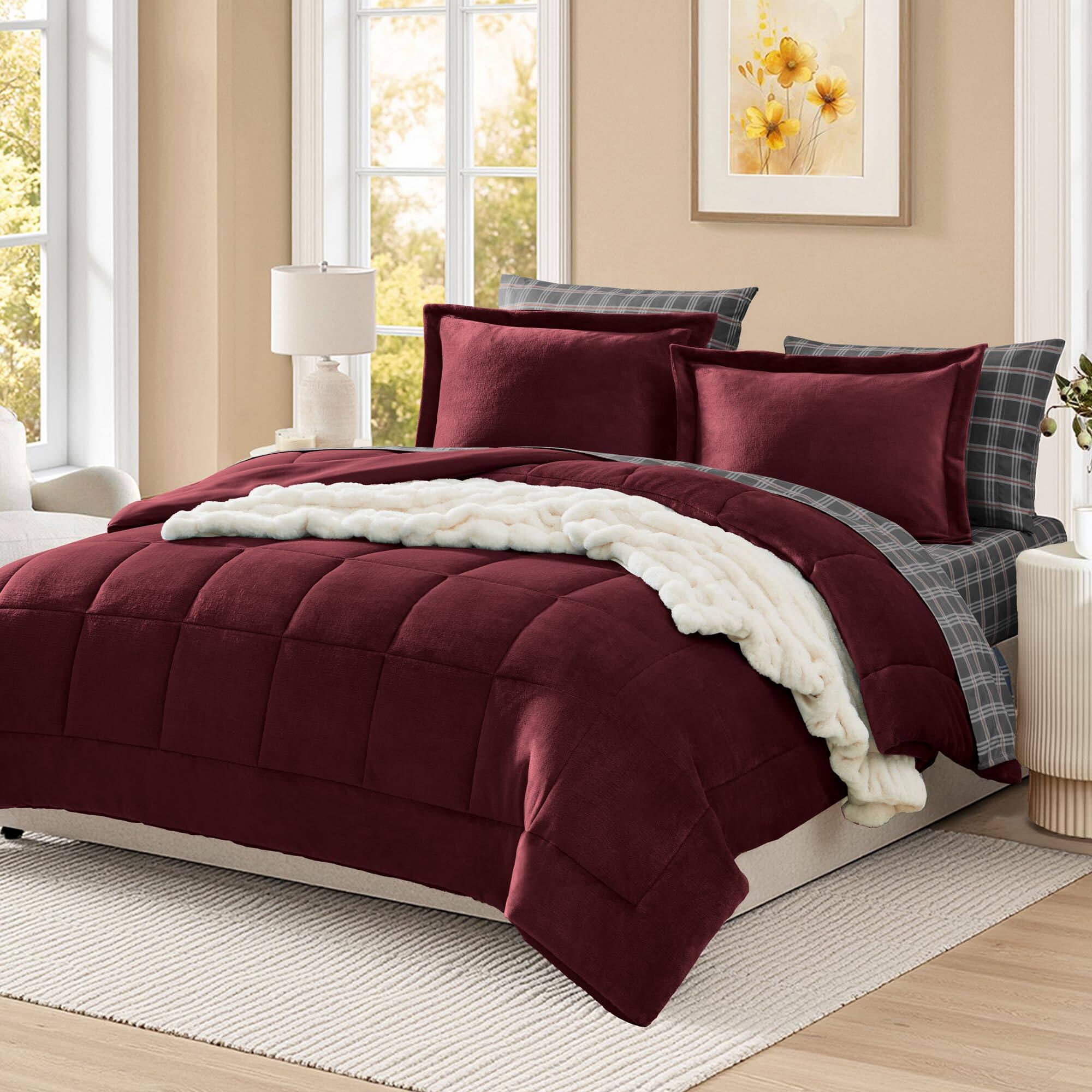 Paradigms Interiors Plush Comforter Set Light Burgundy Flannel Sets 7 ...