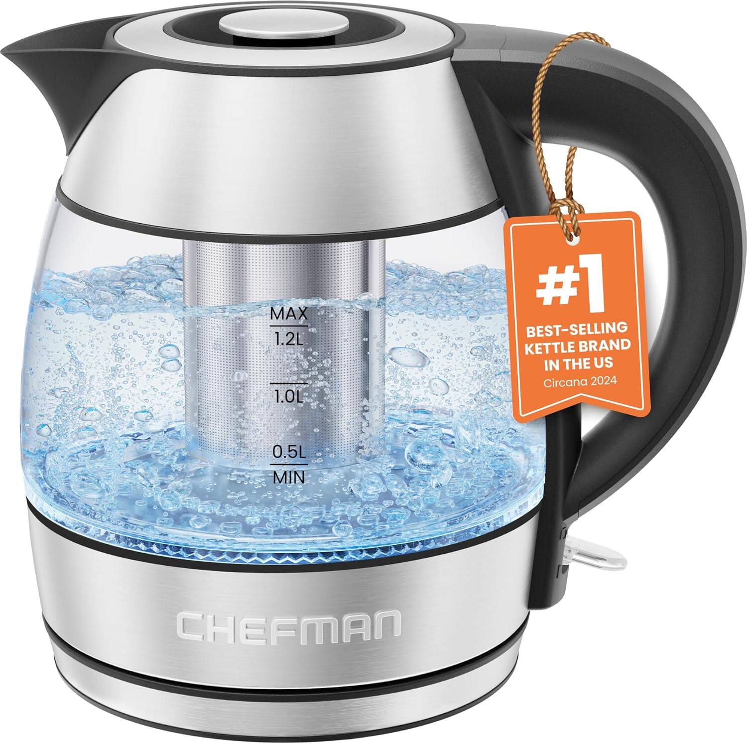 Chefman Rapid Boil 1.2L Electric Tea Kettle w/ Tea Infuser and Removable Lid Stainless Steel ...