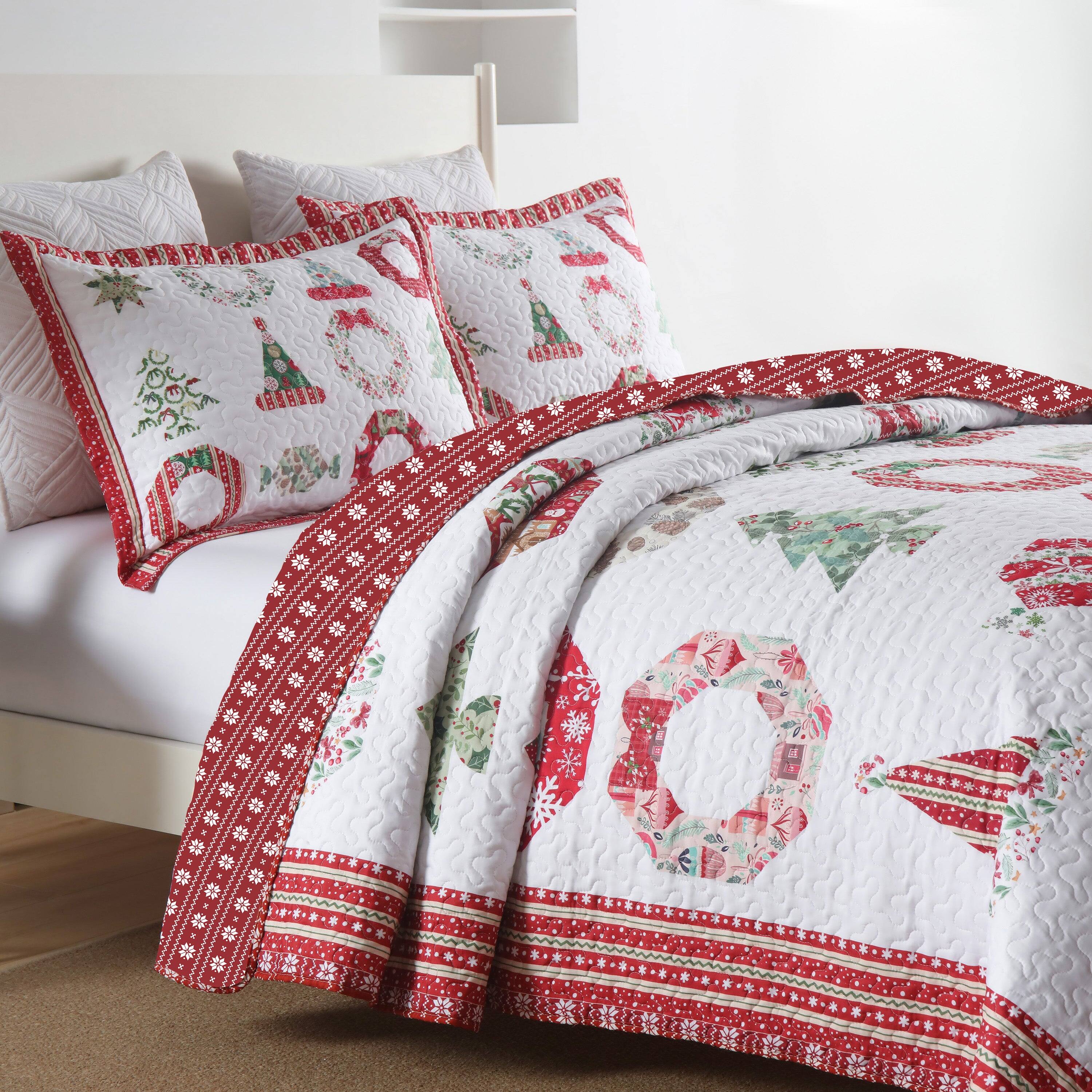 MarCielo 3 Pieces Winter Candy Queen Size Christmas Quilt Bedspread Set ...
