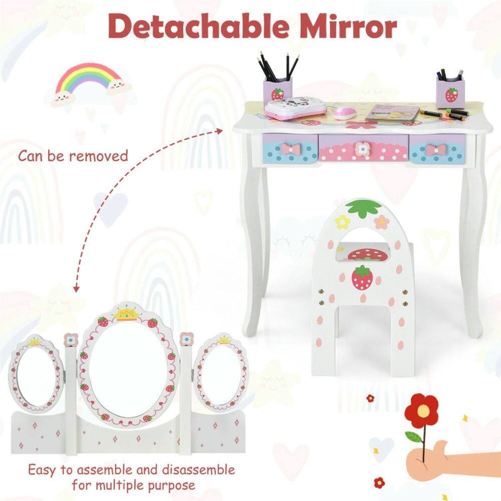 Pefilos Kids Vanity Princess Makeup Dressing Table Chair Set with Tri ...