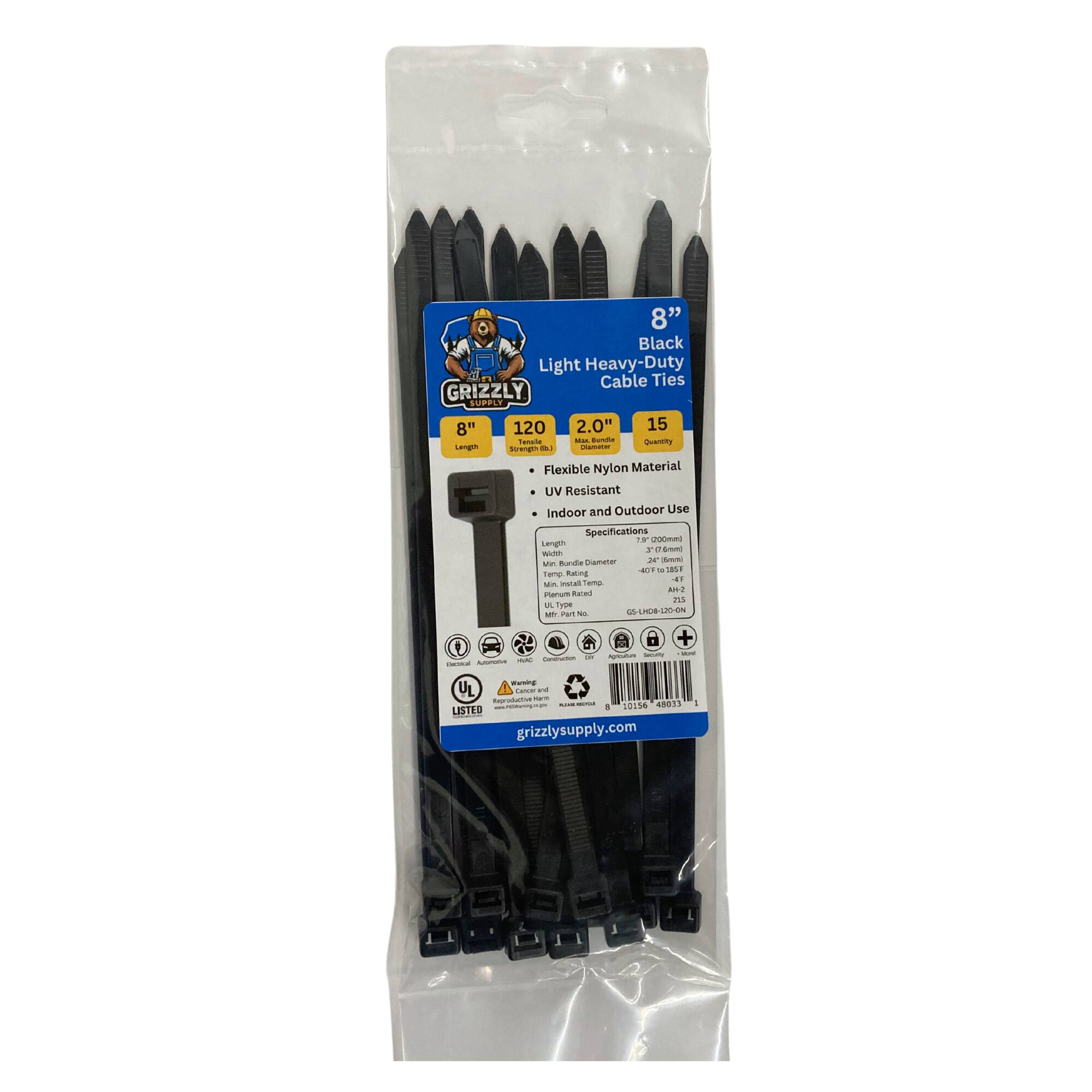 Grizzly Supply 8" 120lb Light Heavy Duty Cable Tie 15/bag Black GS-LHD8 ...